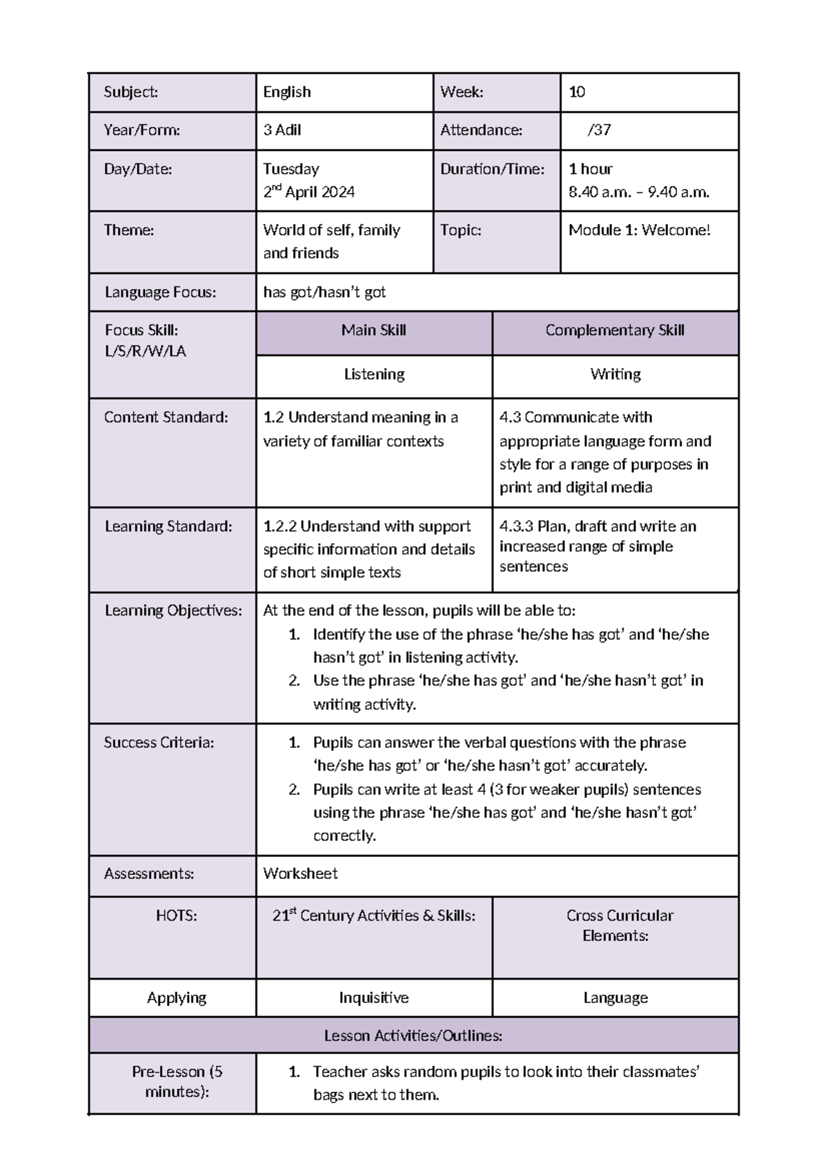 YEAR 3 ENGLISH LESSON PLAN - Subject: English Week: 10 Year/Form: 3 ...