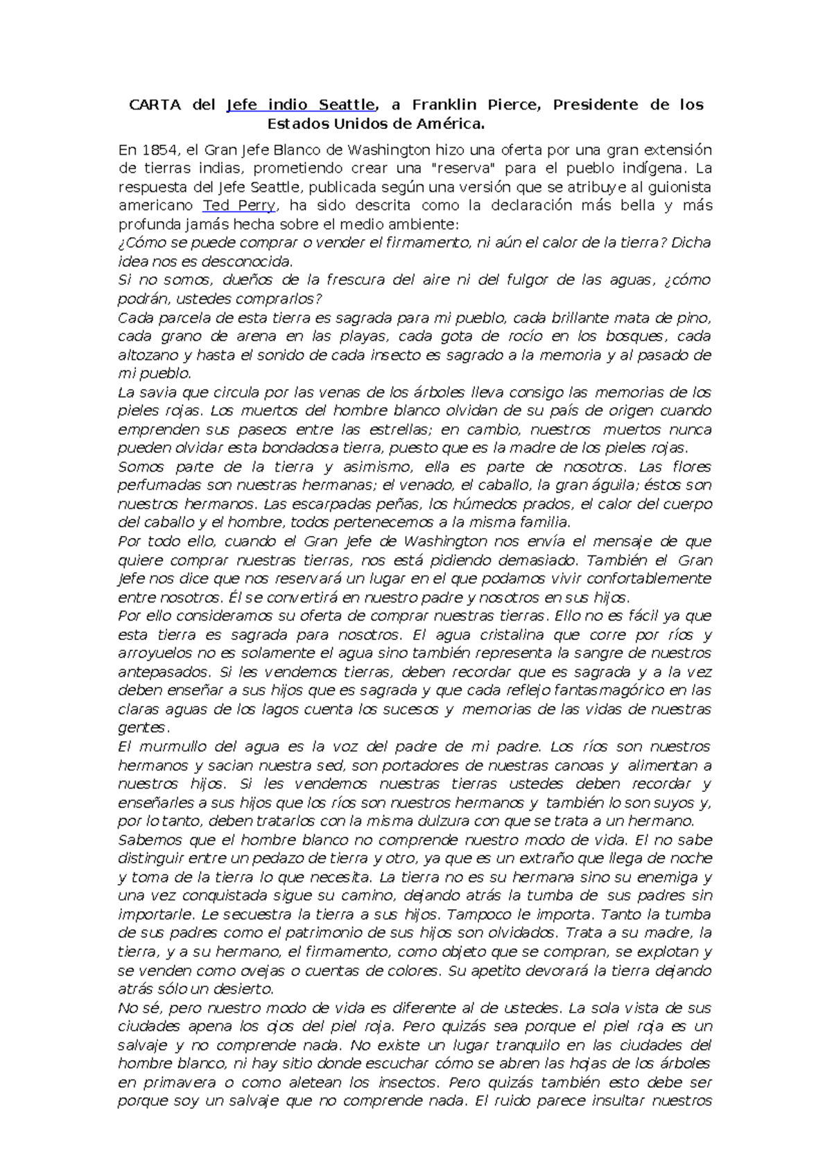 1 5089378800848864275 - CARTA del Jefe indio Seattle, a Franklin Pierce ...