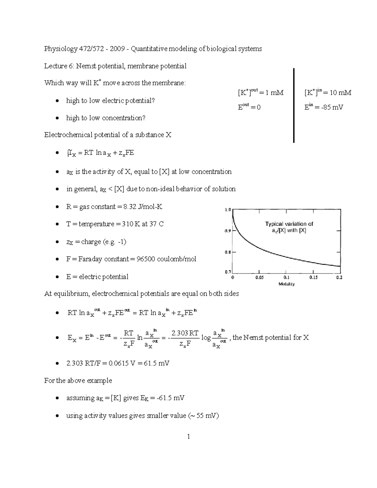 Physiology lecture note 7 - 1 Physiology 472/572 - 2009 - Quantitative ...
