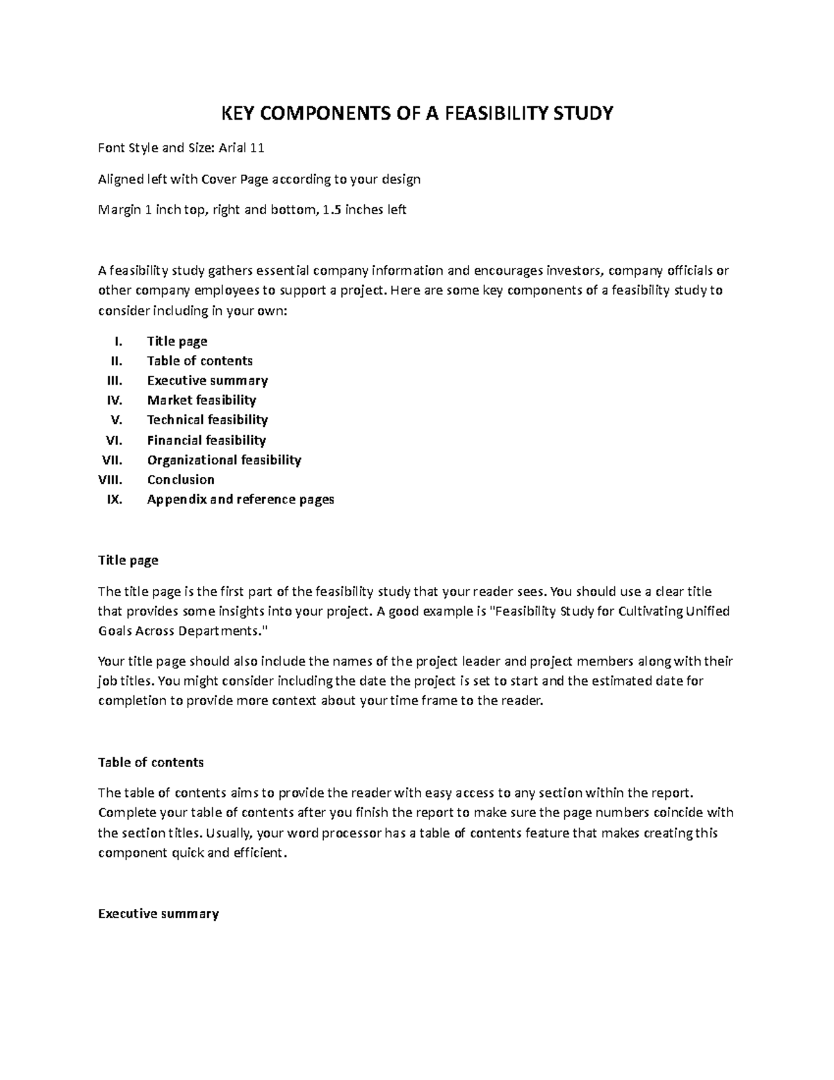 Feasibility-study-format - KEY COMPONENTS OF A FEASIBILITY STUDY Font ...