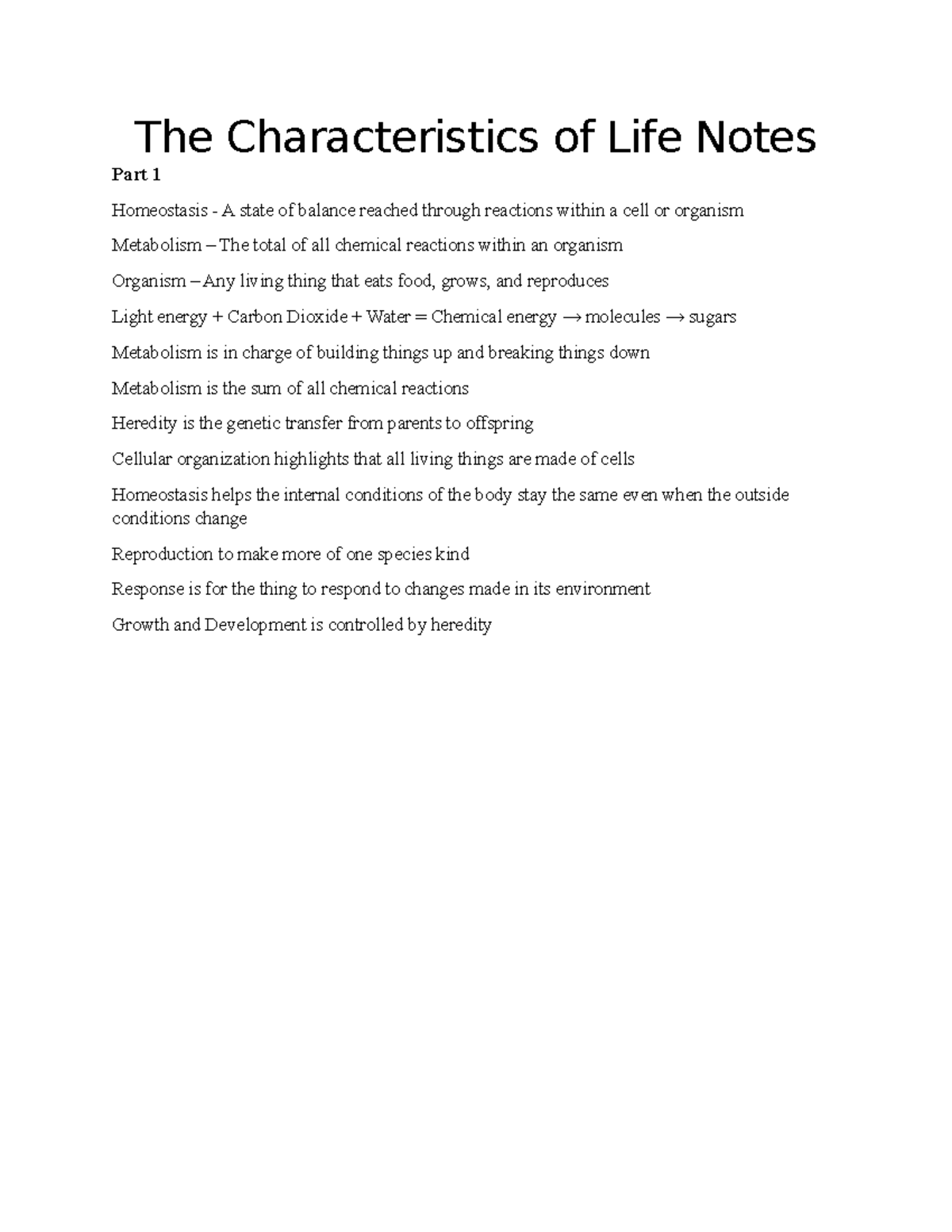 The Characteristics of Life Notes - Studocu