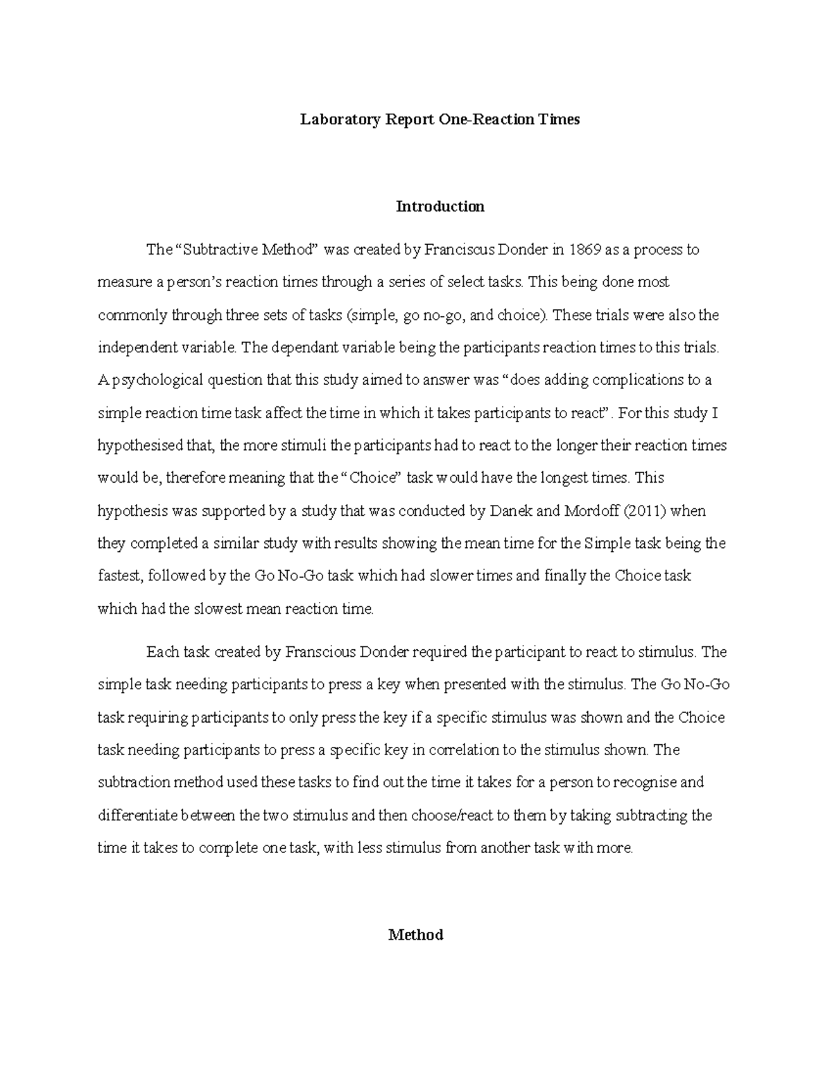 Psych 100 Lab Report 1- A+ - Laboratory Report One-Reaction Times ...