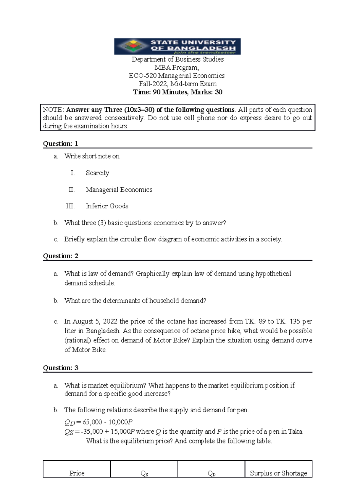 Managerial Economics (Eco-520) Mid Question - Department of Business ...