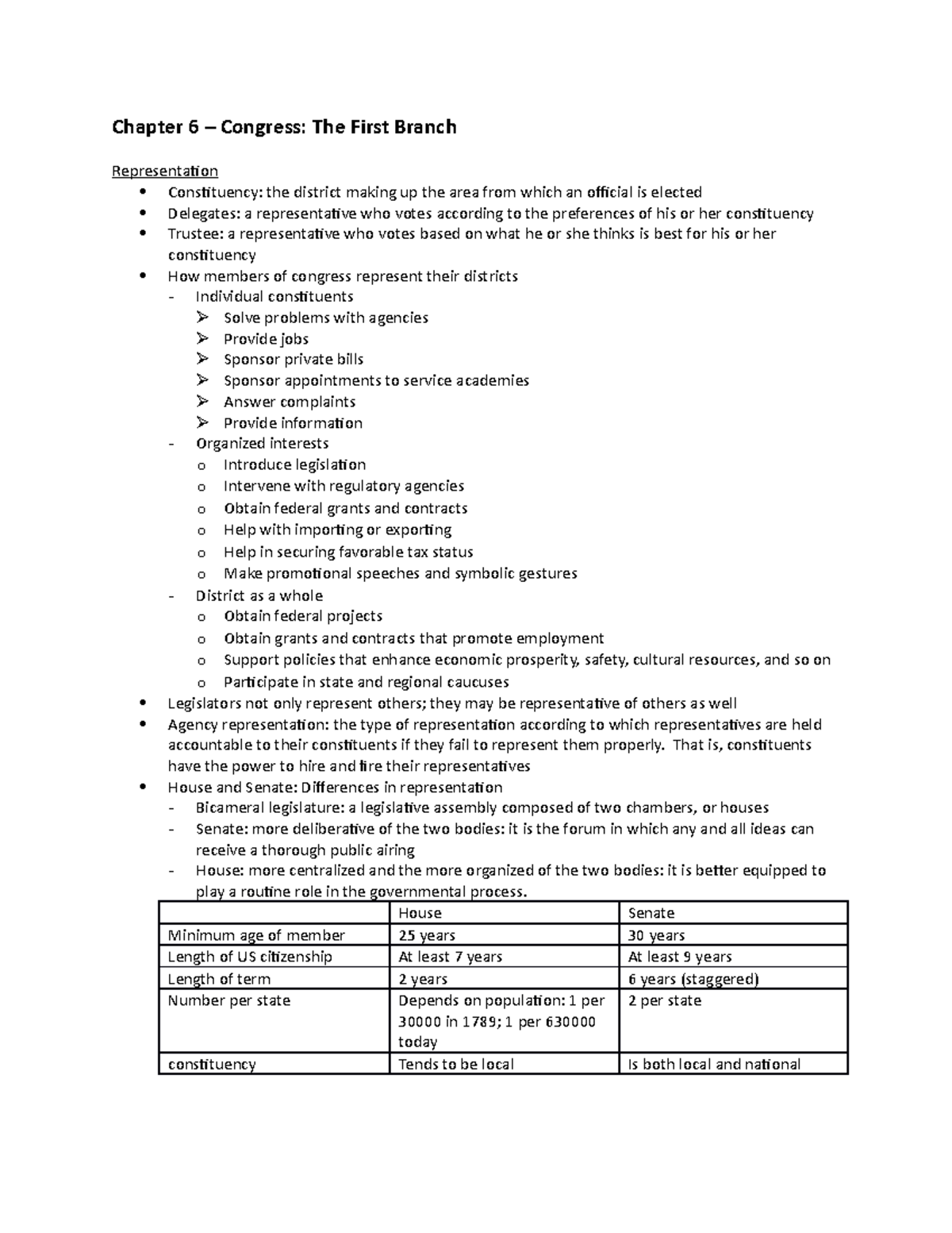 Government Chapter 6 Summary - Chapter 6 – Congress: The First Branch ...
