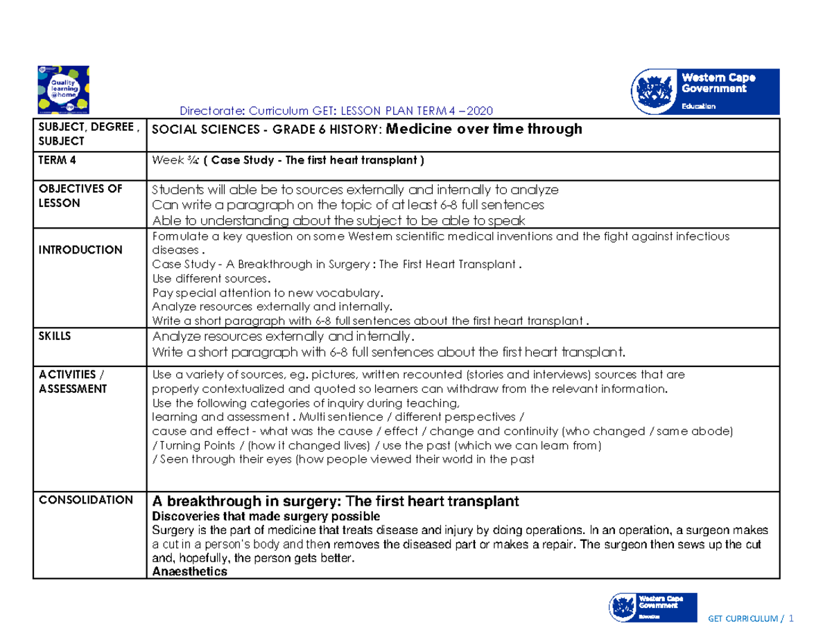 Lesson Plan Grade 6 SS History T4 W3 - Directorate: Curriculum GET ...
