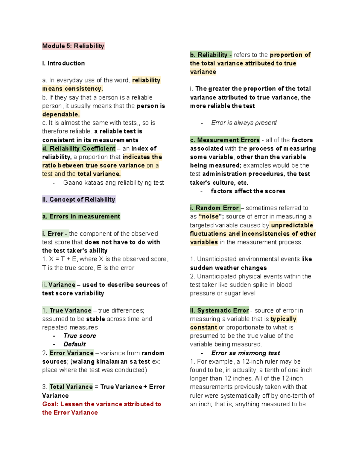 Module 5 Reliability - Digitalized note in Psychology. These materials ...