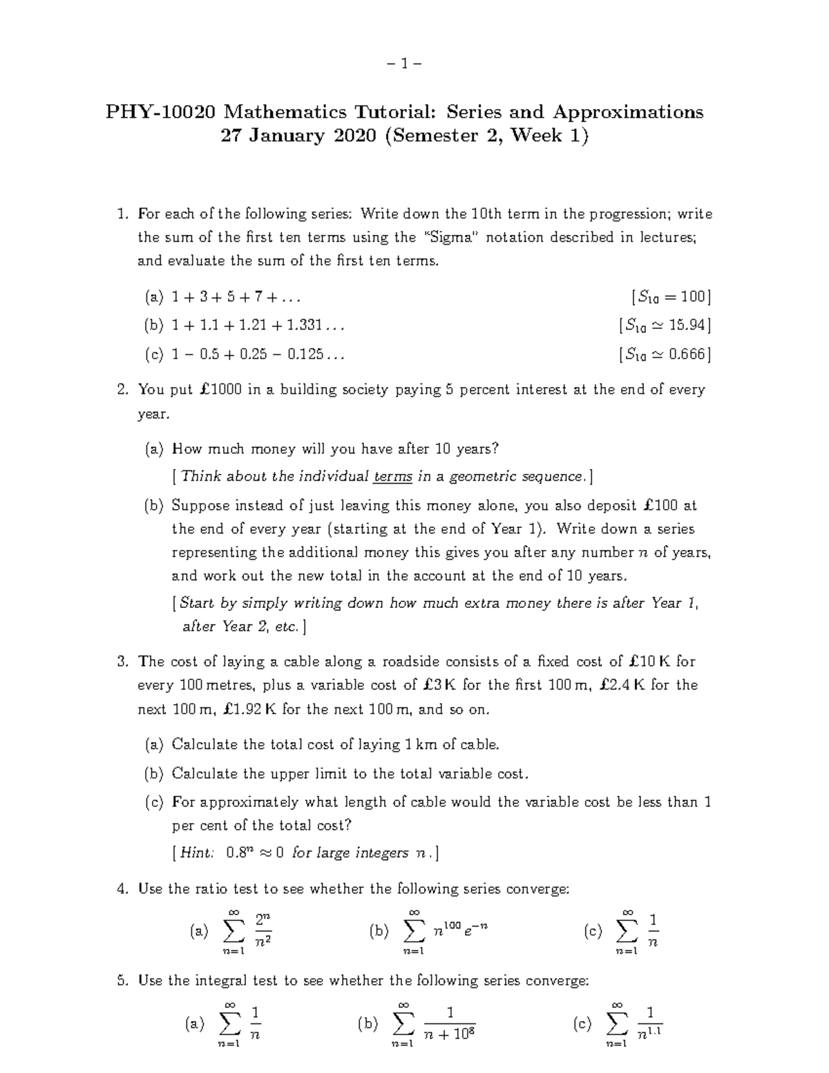Semester 2 Tutorial 1 2020 - – 1 – PHY-10020 Mathematics Tutorial ...