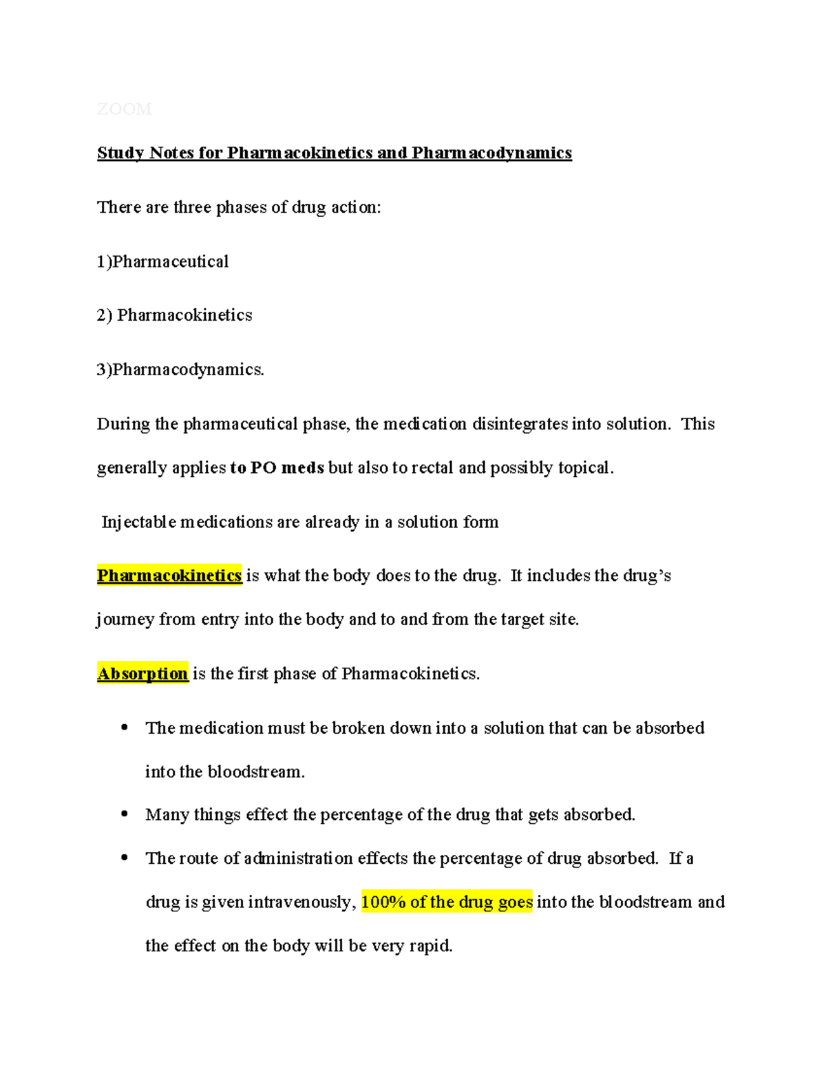 Study Notes for Pharmacokinetics and Pharmacodynamics - During the ...