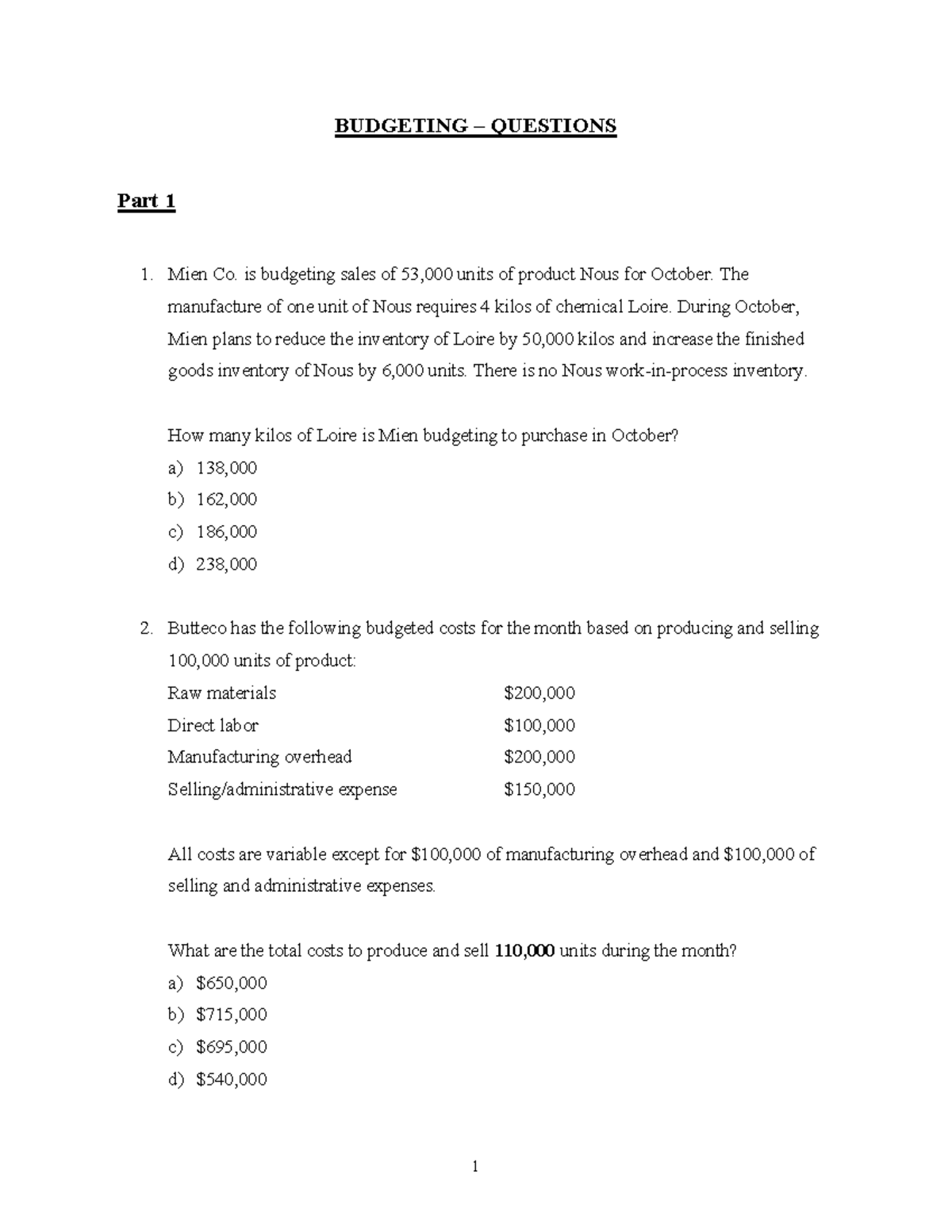 6 Budgeting Questions - Practice materials for MID 2 - BUDGETING ...