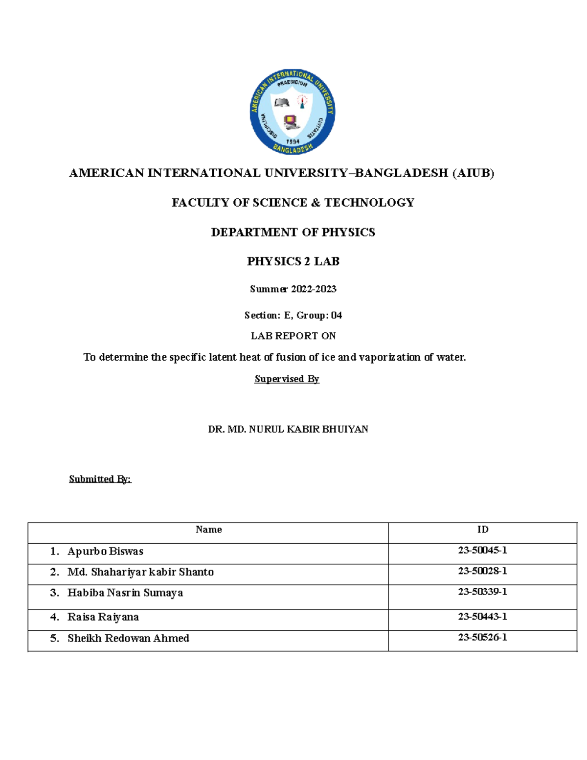 Phy2-lab-07 lab report - AMERICAN INTERNATIONAL UNIVERSITY–BANGLADESH (AIUB) FACULTY OF SCIENCE ...