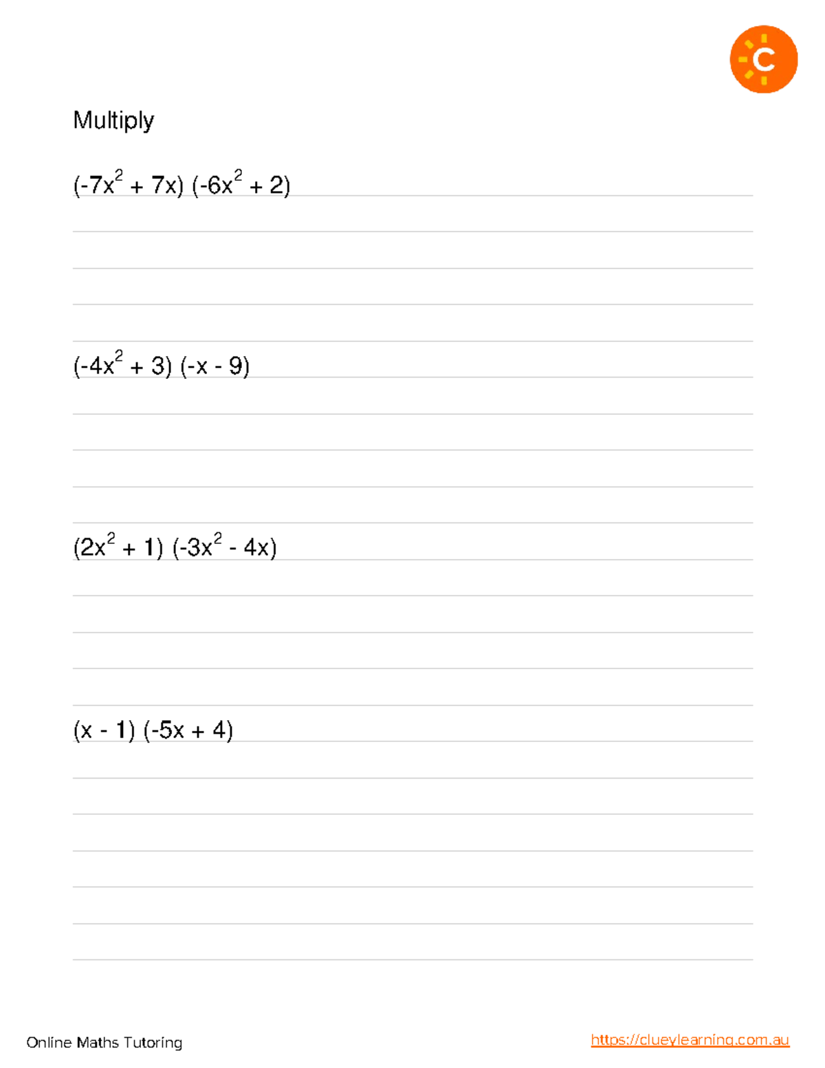 Year 10 Algebra Maths Worksheet Multiply Polynomials 2 clueylearning ...