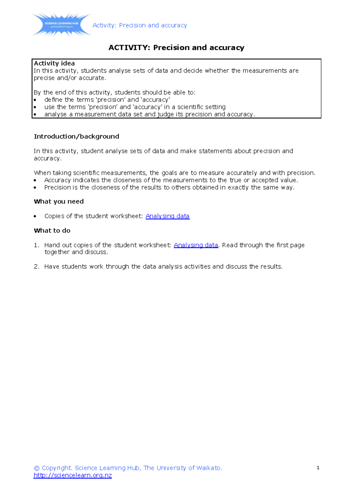 Precision and accuracy activity - © Copyright. Science Learning Hub ...