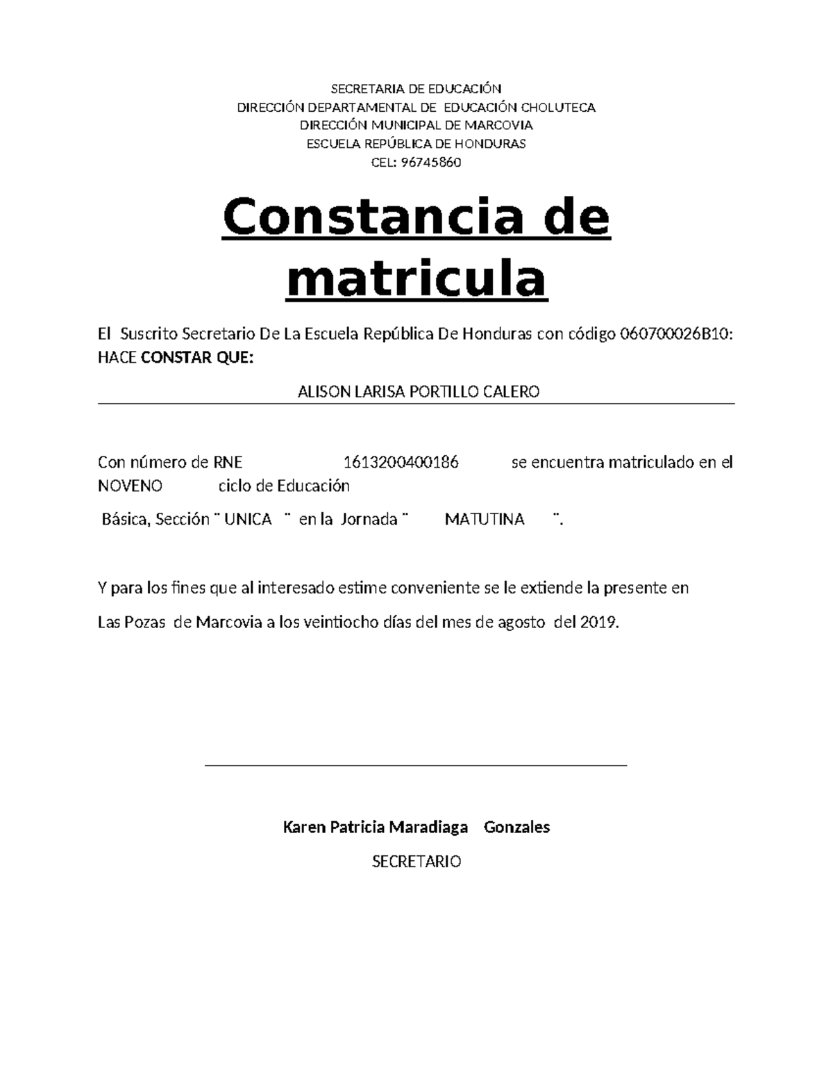 MIS Constancias - DIRECCIÓN DEPARTAMENTAL DE EDUCACIÓN CHOLUTECA DIRECCIÓN MUNICIPAL DE MARCOVIA ...