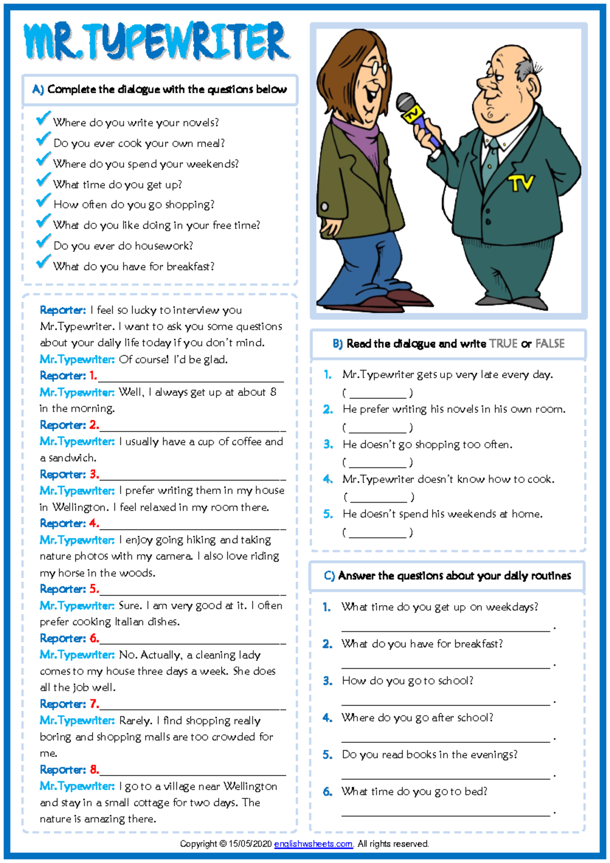 Present simple mr typewriter daily routines esl dialogue exercises ...
