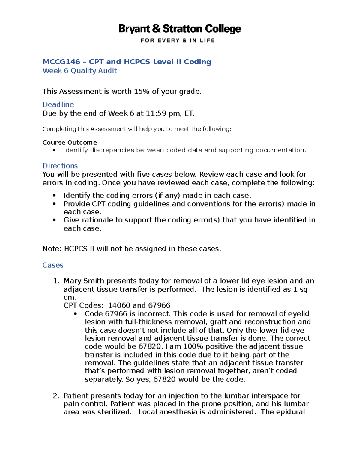MCCG146 - Week 6 Quality Audit - MCCG146 – CPT and HCPCS Level II Coding Week 6 Quality Audit ...