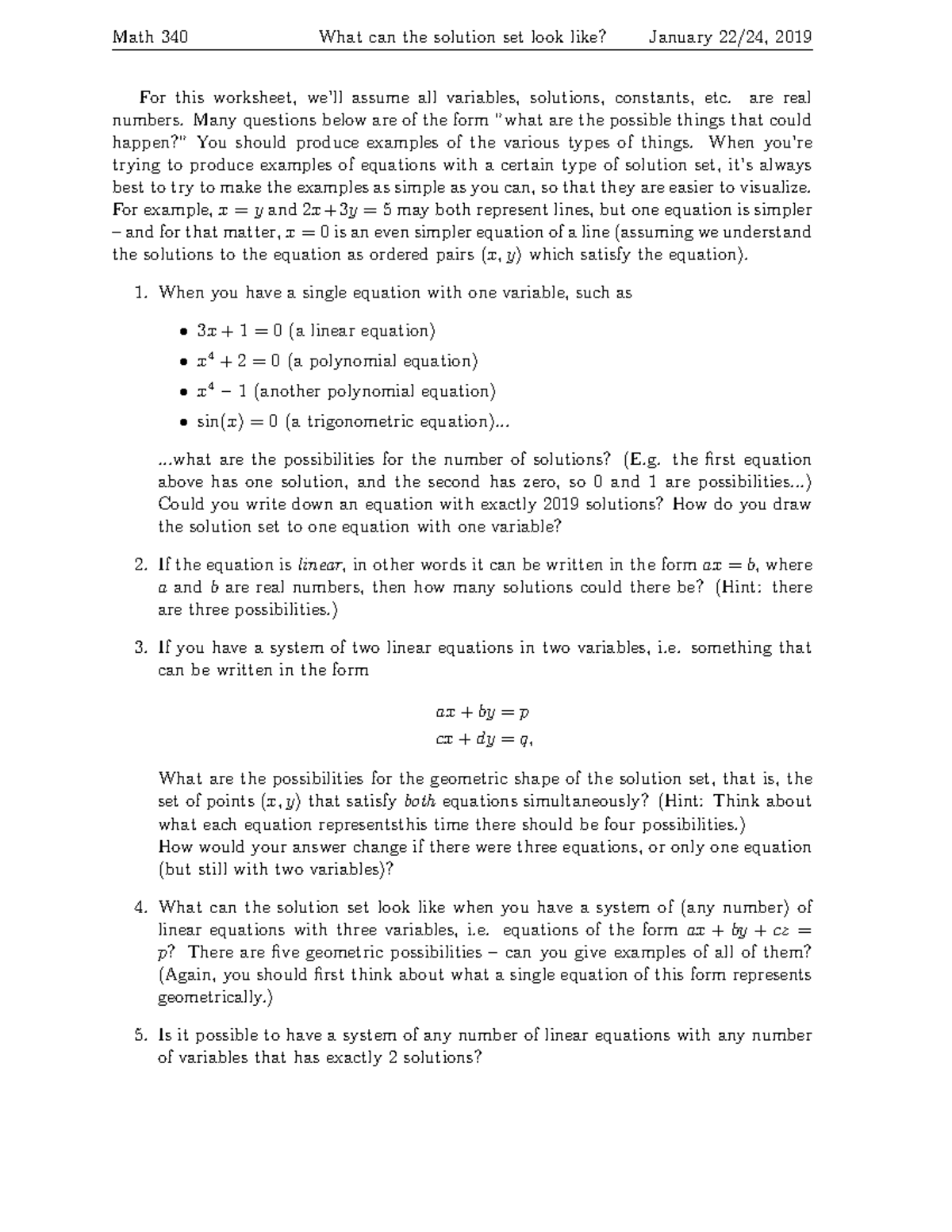 Week 1 Discussion Problems - Math 340 What can the solution set look ...