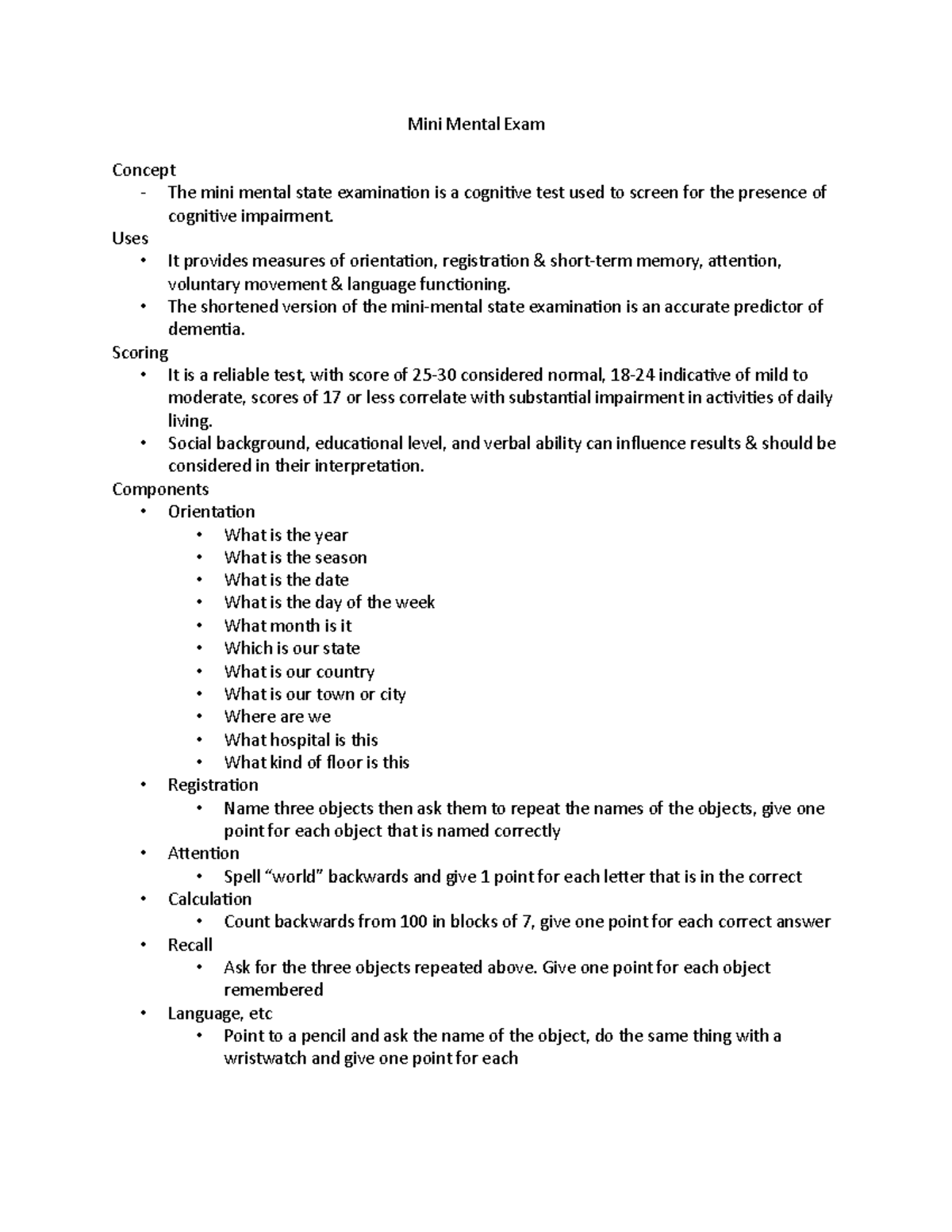 Mini Mental Exam - Lecture notes from Medical Speech Pathology Course ...