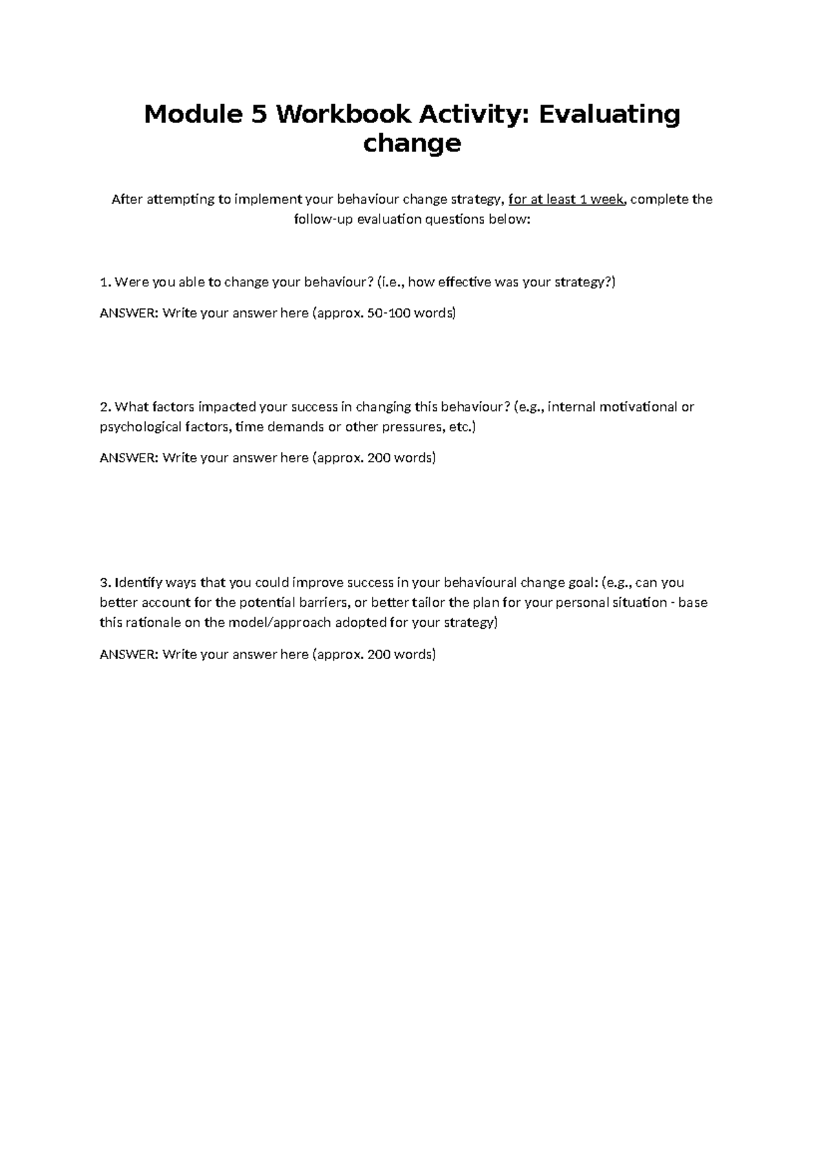 Module 5 - Workbook Activity - Behaviour Change Review - Module 5 ...