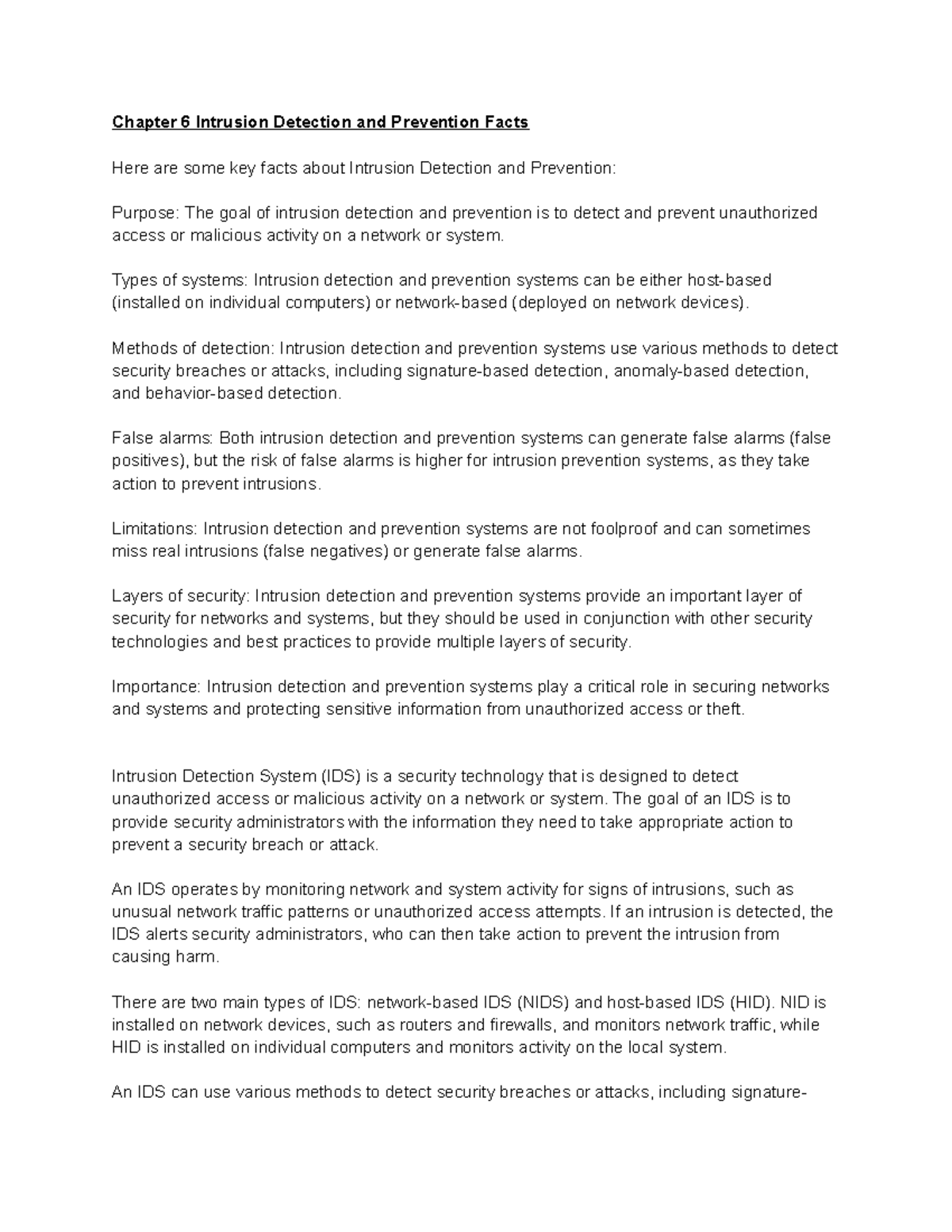 Chapter 6 Intrusion Detection and Prevention Facts - Types of systems ...