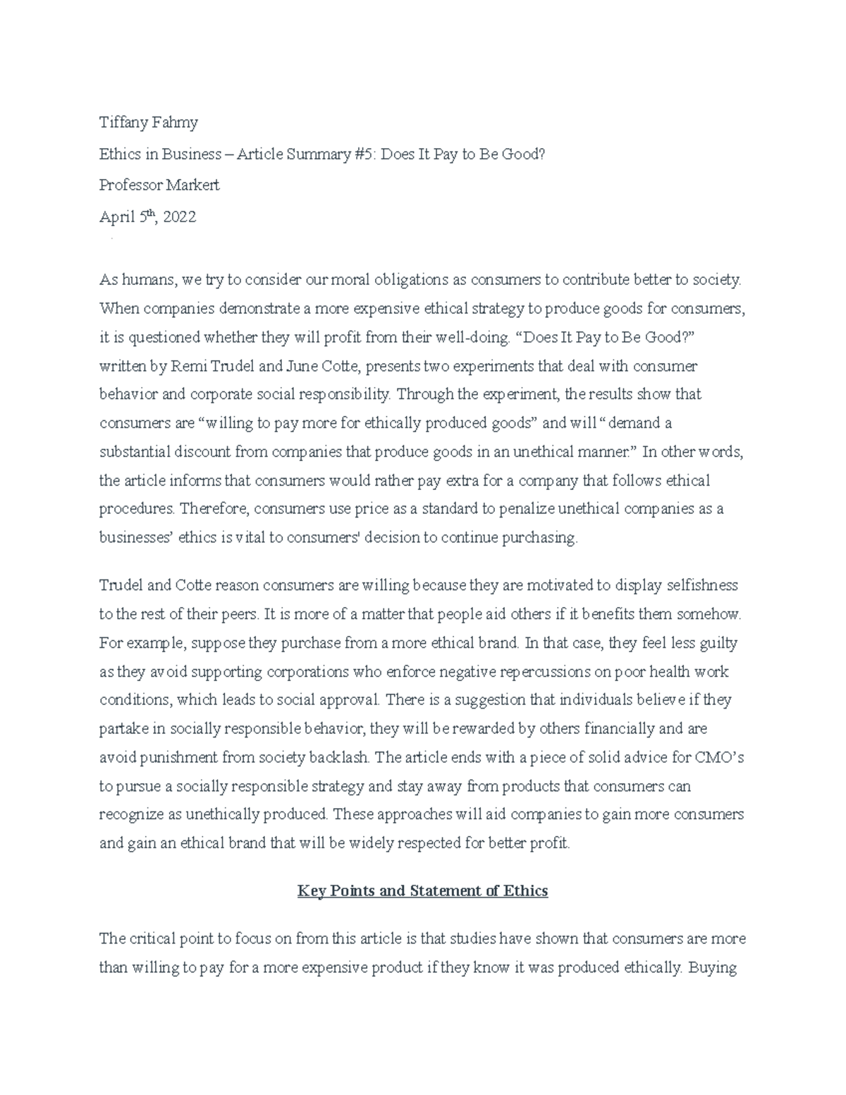 Ethics Article Summary 5 - Tiffany Fahmy Ethics in Business – Article ...