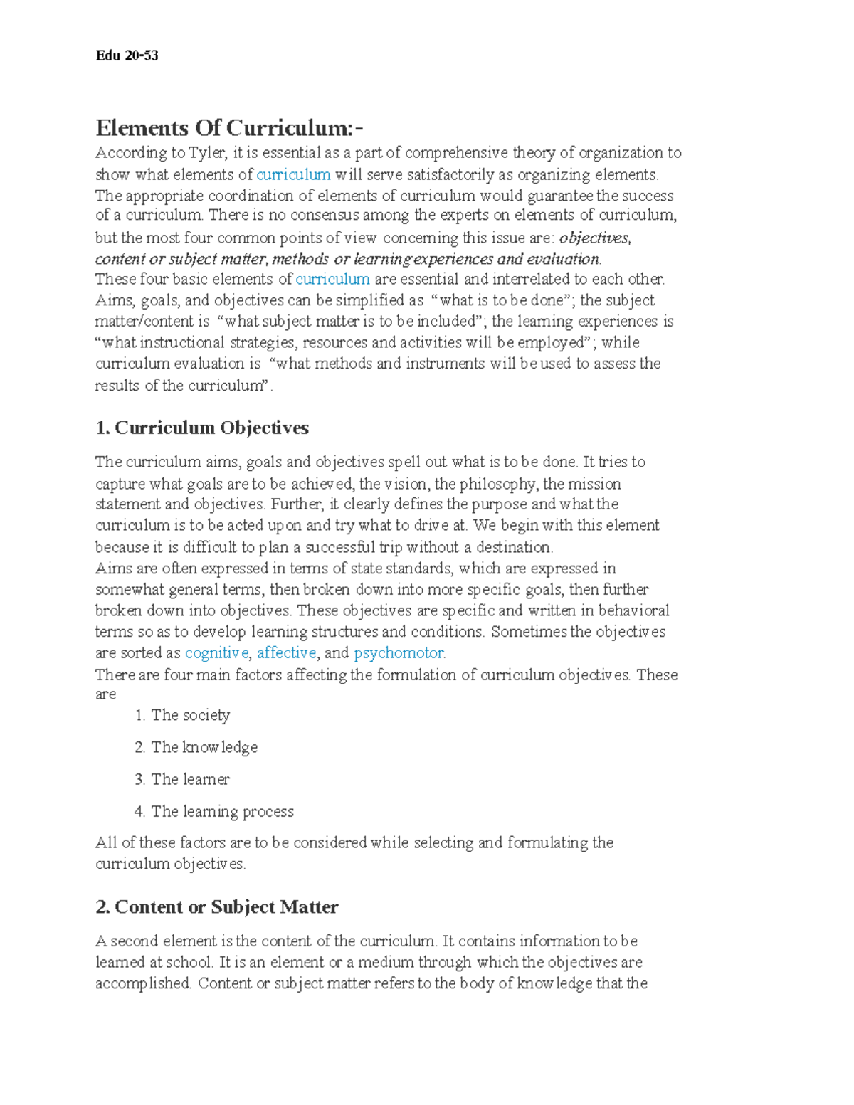 Curriculum Development Mid - Elements Of Curriculum:- According to ...