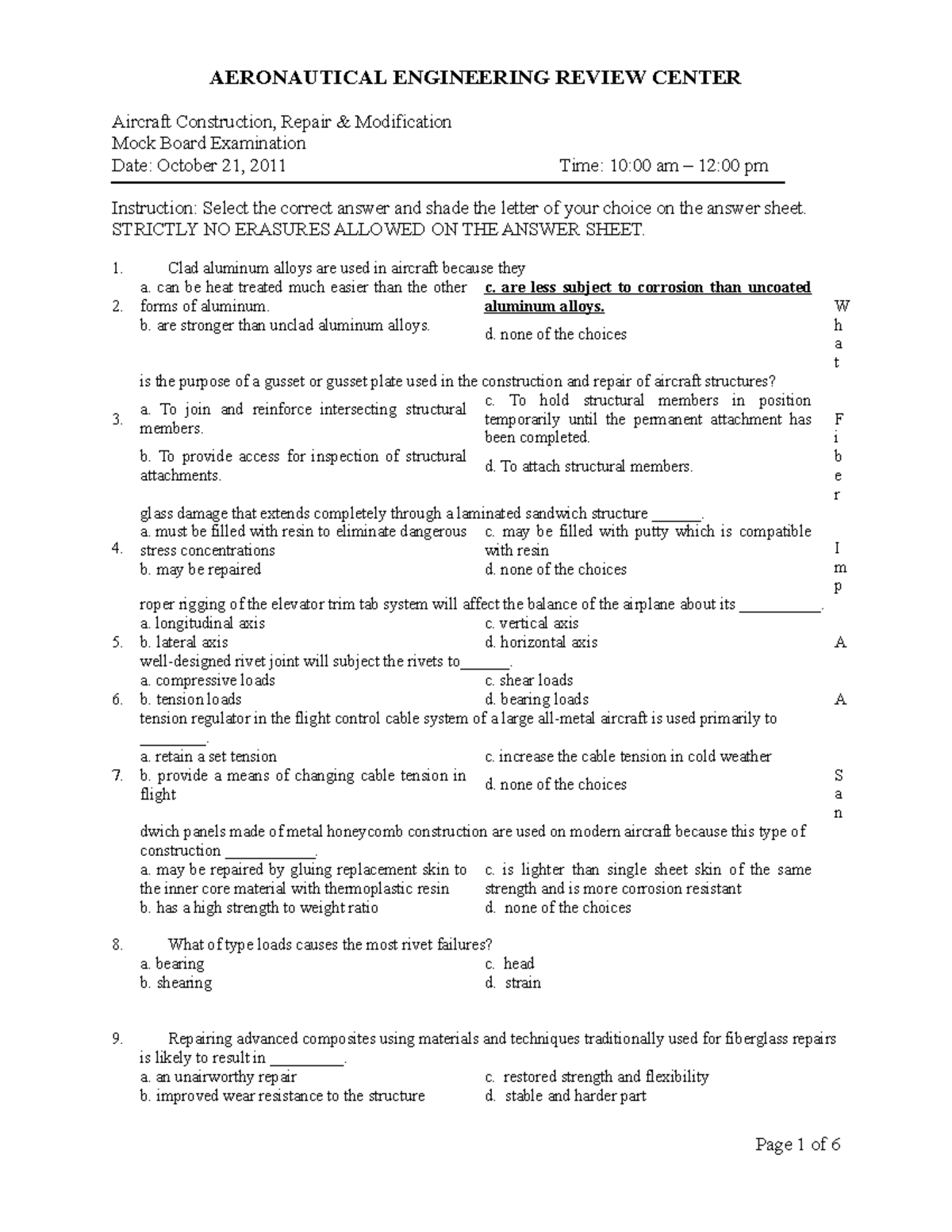 Mock Exam - AERONAUTICAL ENGINEERING REVIEW CENTER Aircraft ...