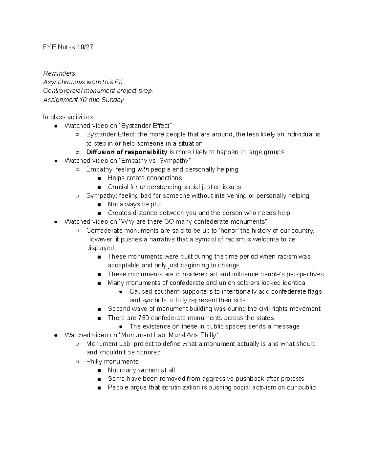 First Year Experience Notes - FYE Notes 10/ Reminders: Asynchronous ...