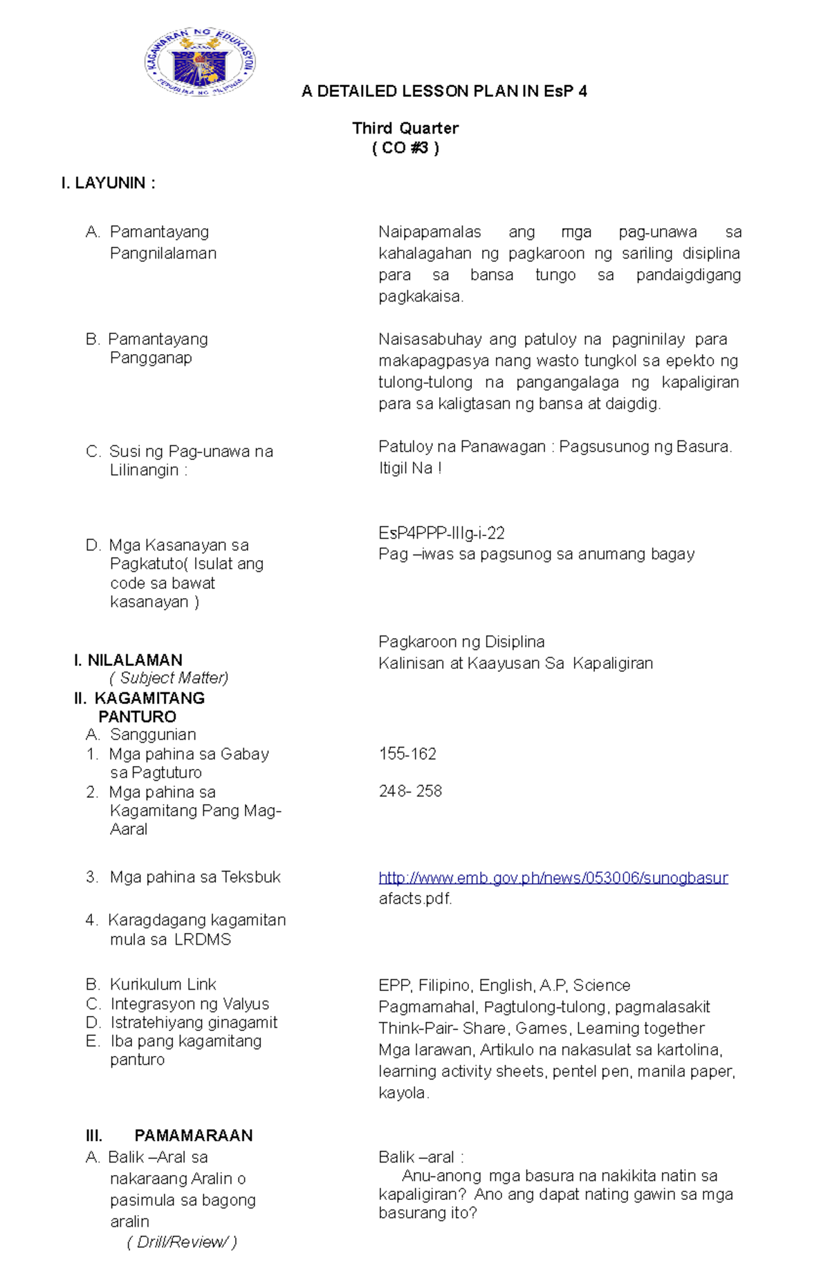 Cot q3 esp nov 18 2019 - COt q3 - A DETAILED LESSON PLAN IN EsP 4 Third Quarter ( CO #3 ) I ...