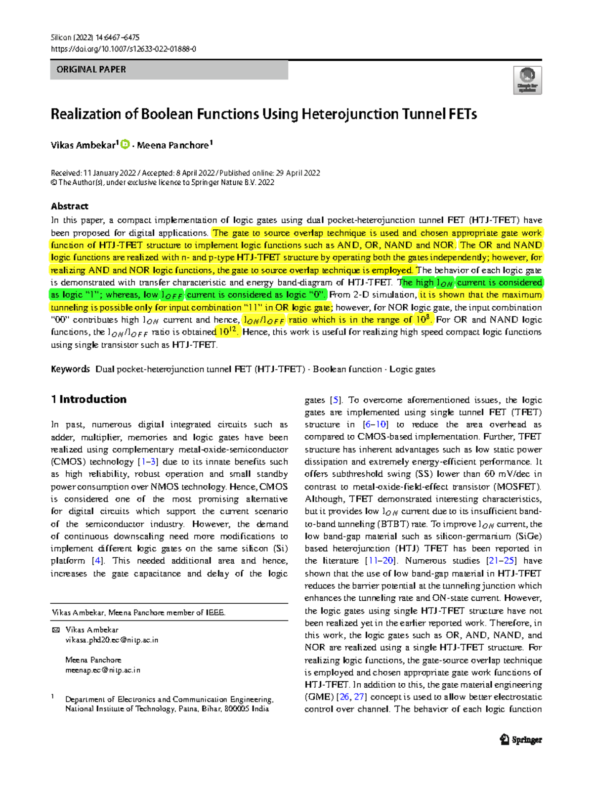 Realization Of Boolean Functions Using Heterojunction Tunnel Fets Doi 10 1007 S12633 022 01888