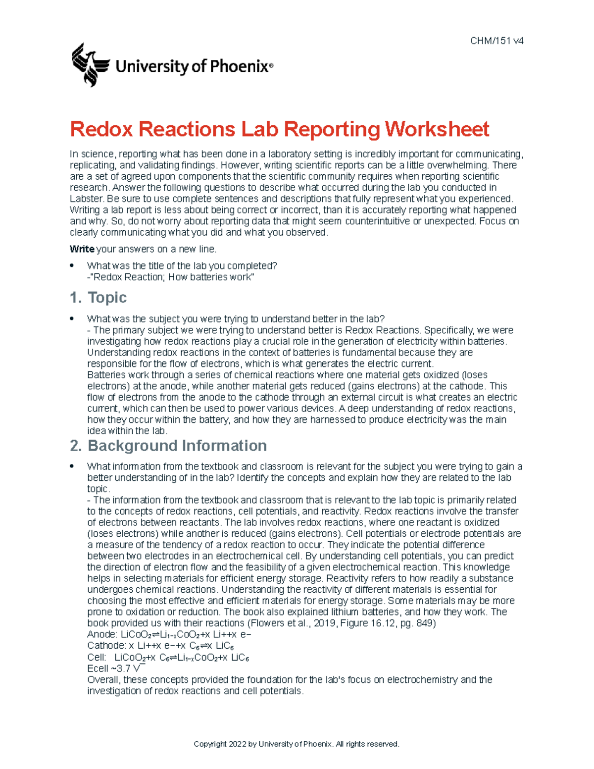 Week5LabReportlabster - CHM/151 v Redox Reactions Lab Reporting ...