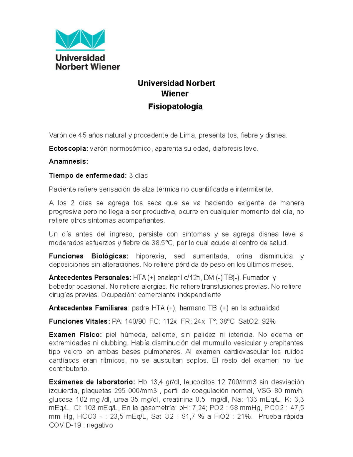 CASO Clinico N2 Fisiopatologia - Universidad Norbert Wiener ...