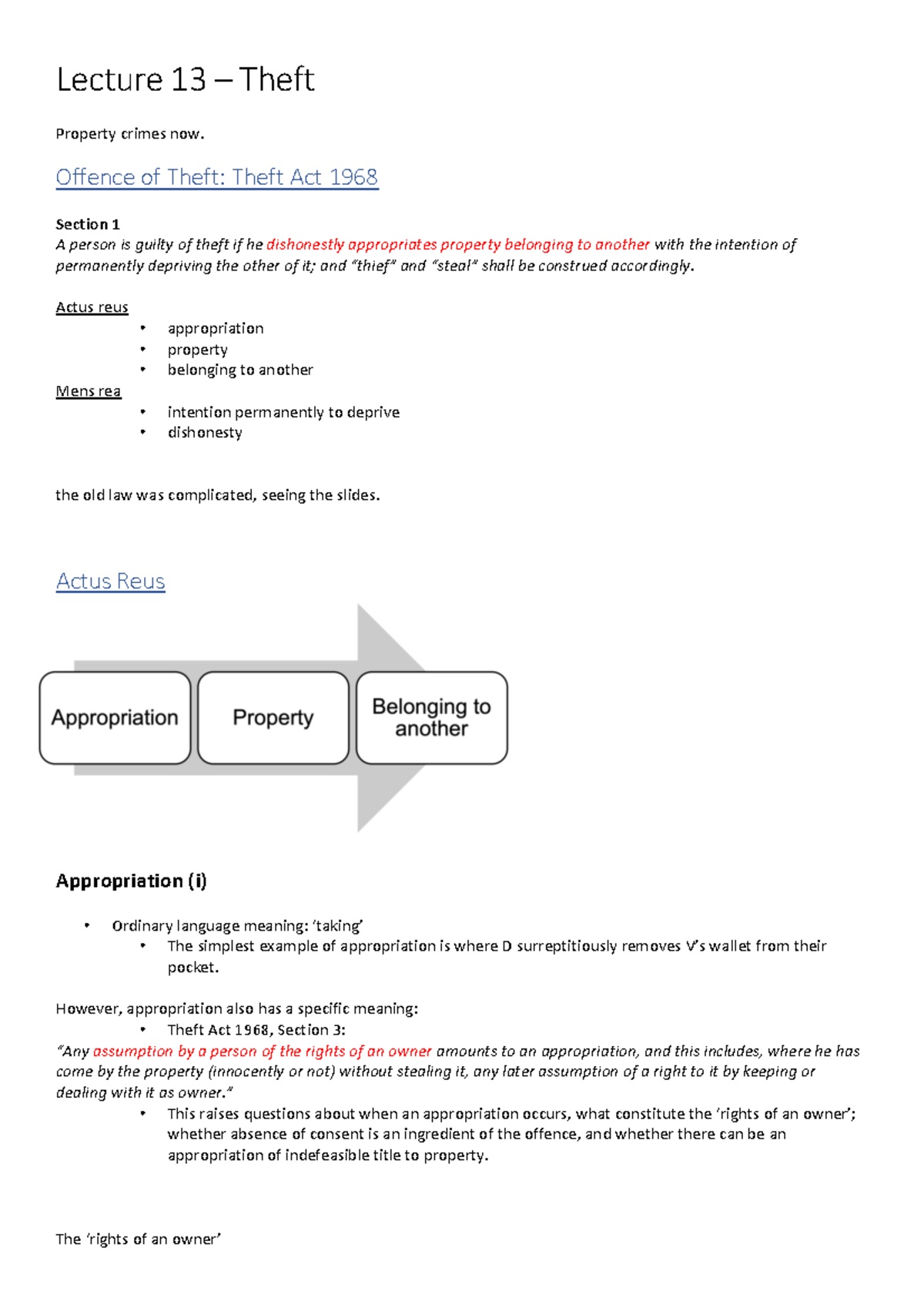 Theft Lecture 13 notes - Lecture 13 – Theft Property crimes now ...