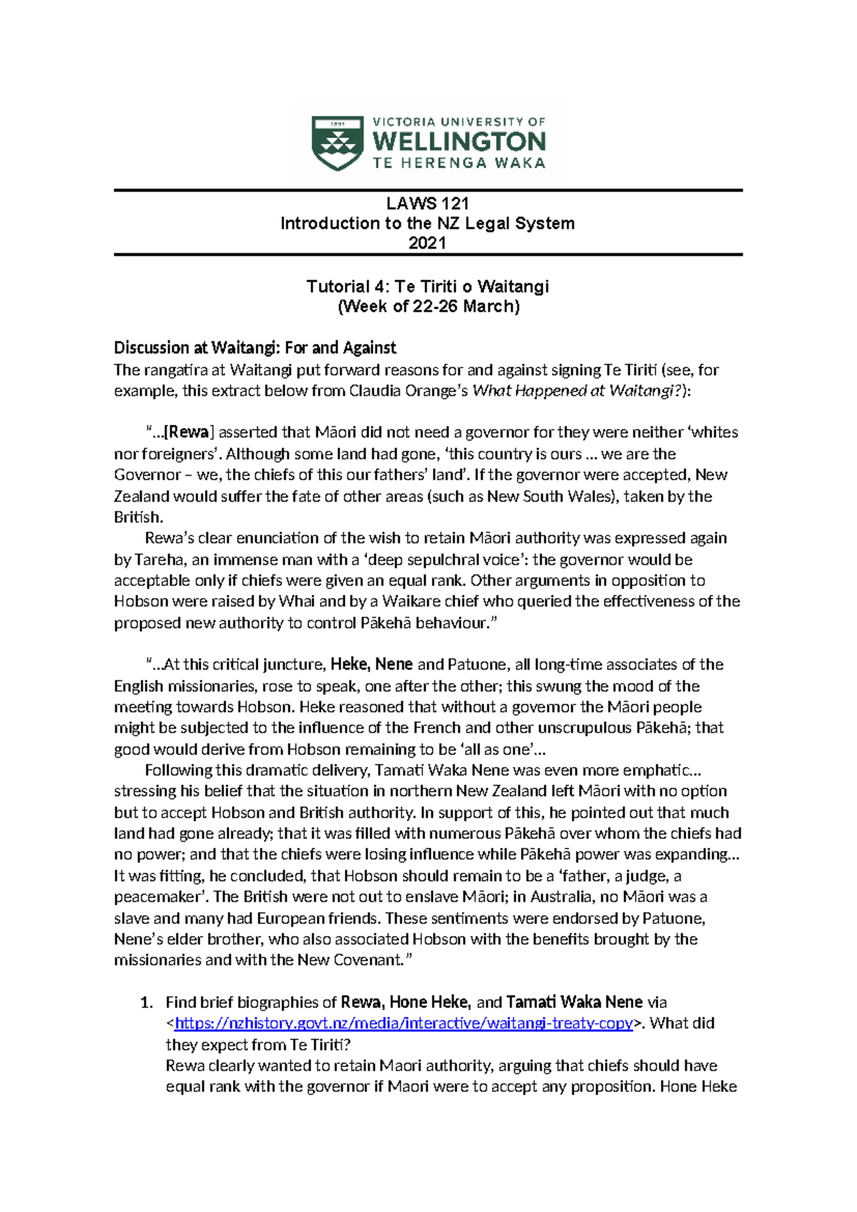 LAWS 121 2021 Tutorial 4 Te Tiriti - LAWS 121 Introduction to the NZ ...