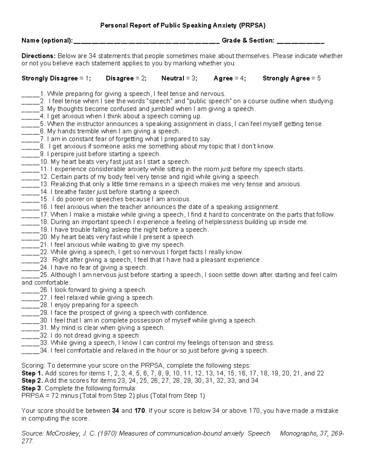 Prpsa Pretest Action Research - Personal Report of Public Speaking ...