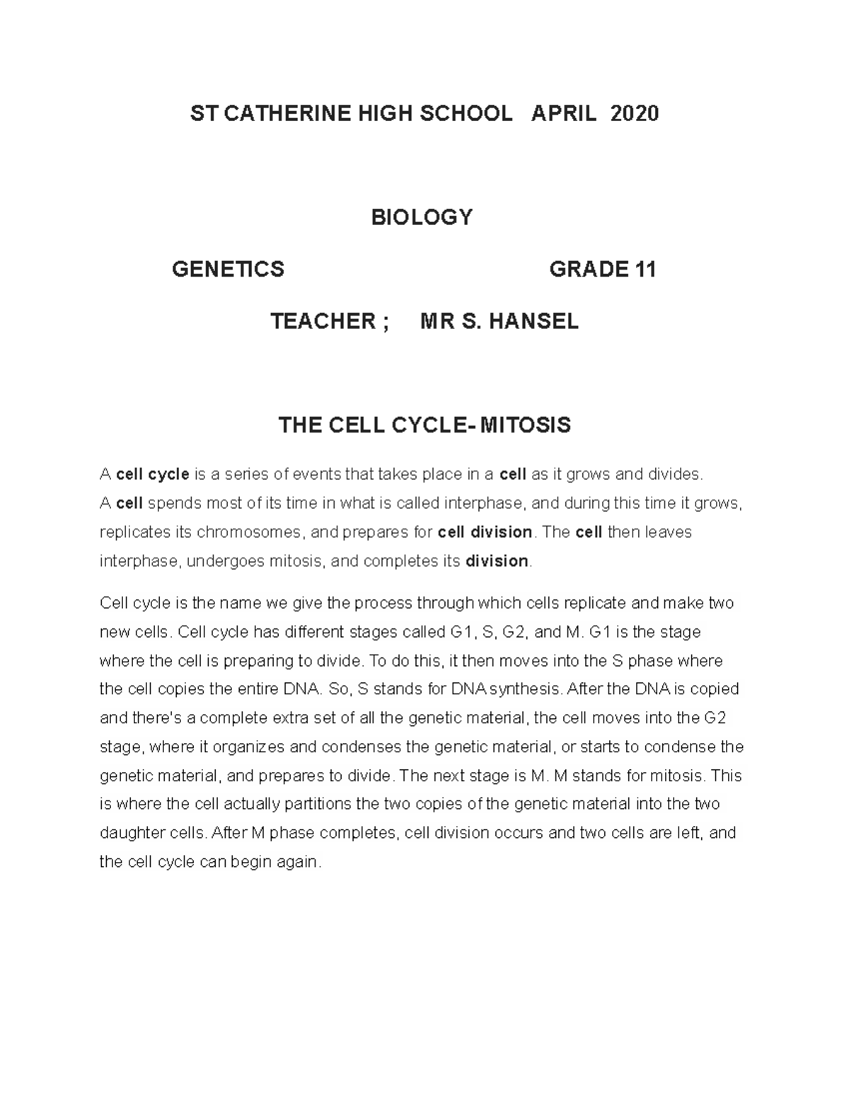Gr11 Genetics -THE CELL Cycle - ST CATHERINE HIGH SCHOOL APRIL 2020 ...