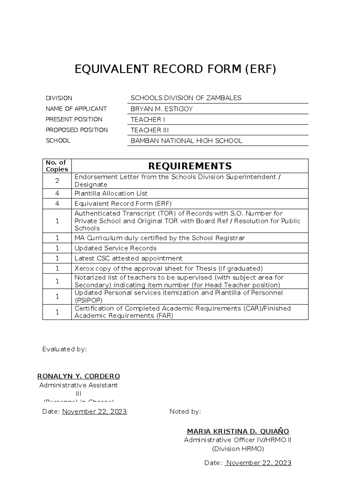 ERF-Requirements - ERF - MARIA KRISTINA D. QUIAÑO Administrative Officer IV/HRMO II (Division ...
