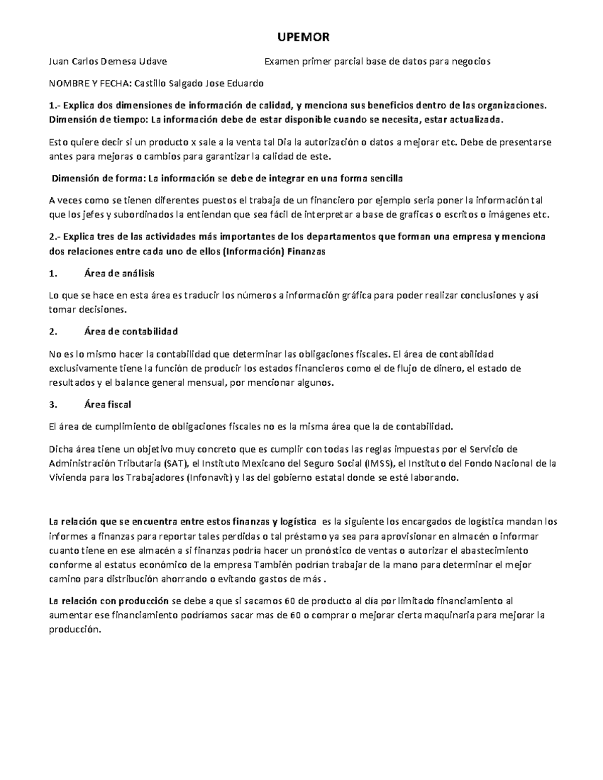 Examen Primer Parcial BASE DE Datos - UPEMOR Juan Carlos Demesa Udave ...