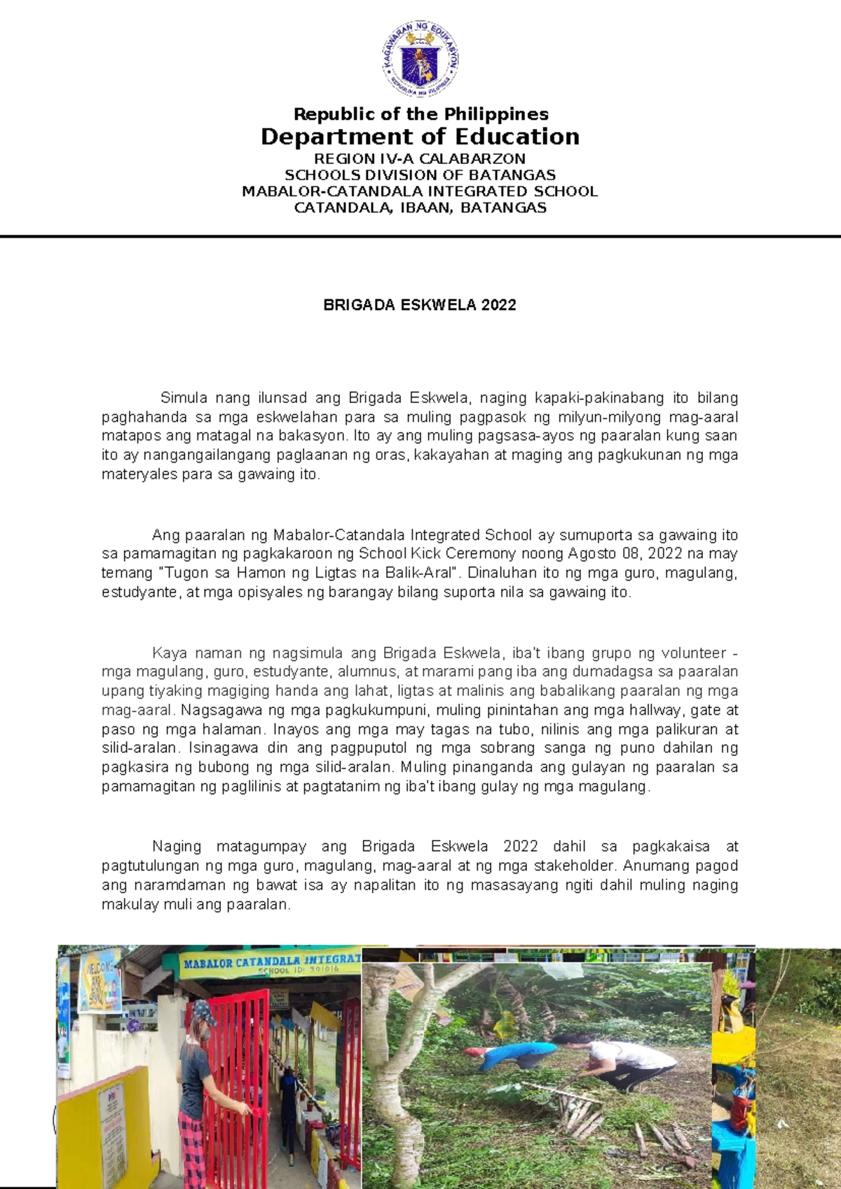 Narrative Report on BE - Republic of the Philippines Department of ...