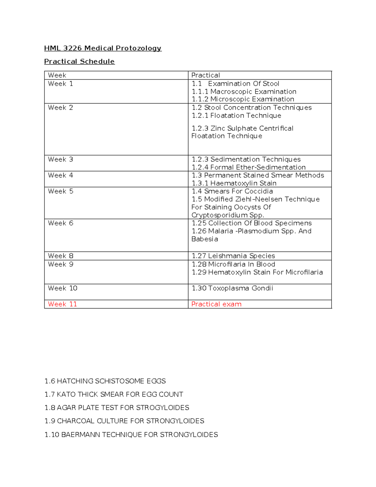 HML 3226 Practical Schedule (1)0001 - HML 3226 Medical Protozology ...