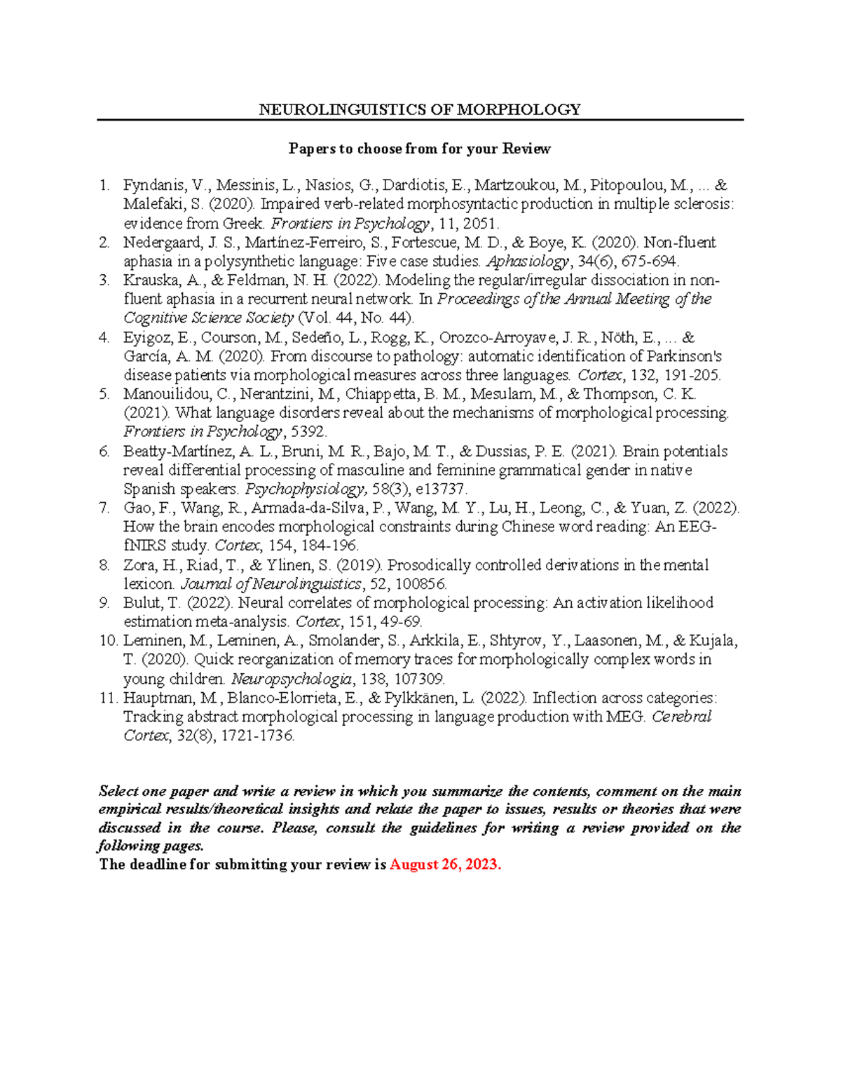 Papers to choose from for your Review - NEUROLINGUISTICS OF MORPHOLOGY ...