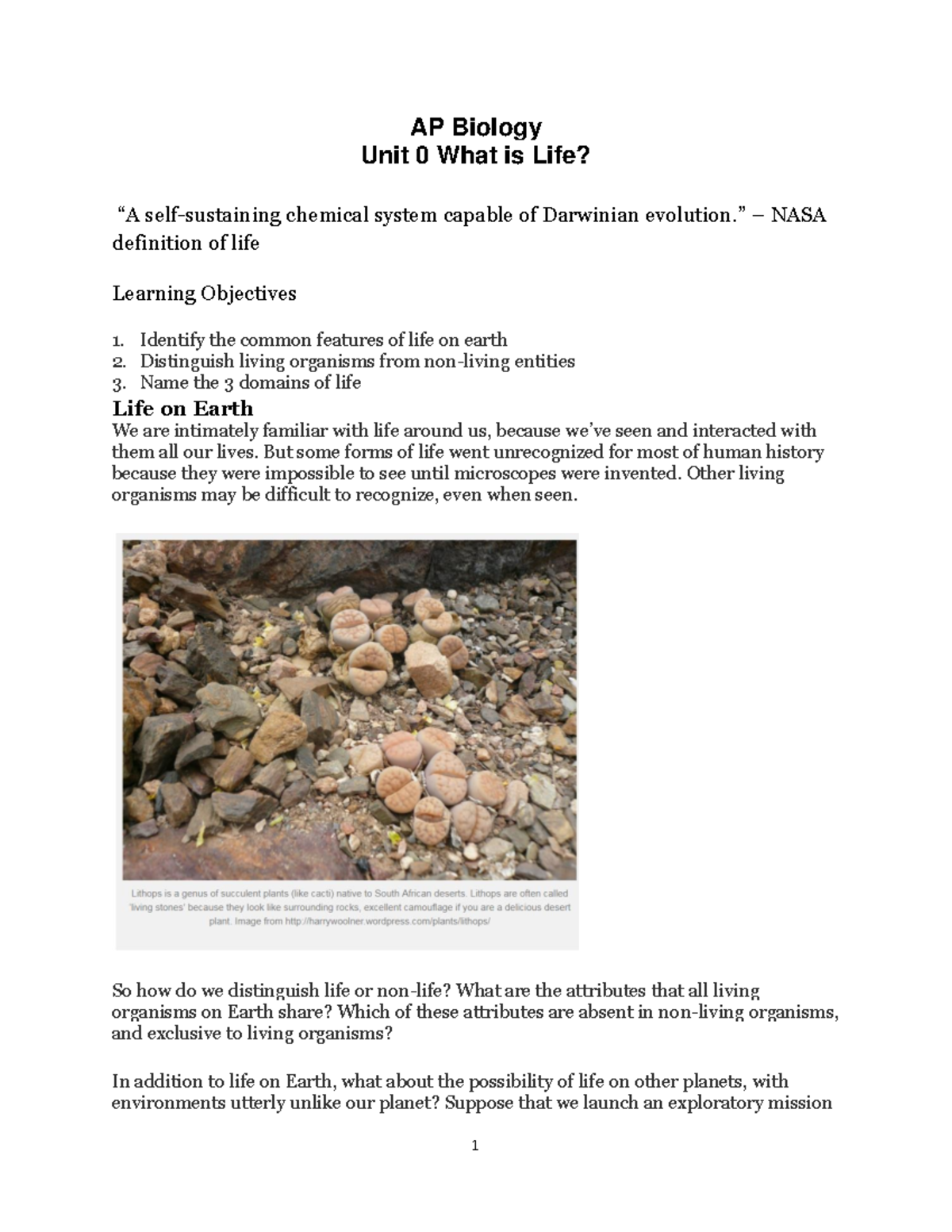 AP Biology Unit 0 Foundations of Life Science - 1 AP Biology Unit 0 ...