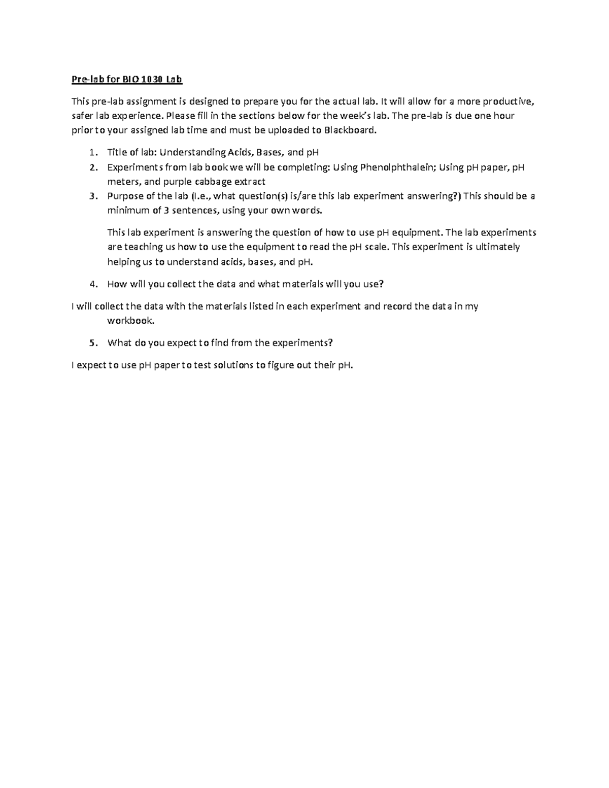BIO Lab - Pre-Lab 3 - Professor Krystal Bakkila - Pre-lab for BIO 1030 ...