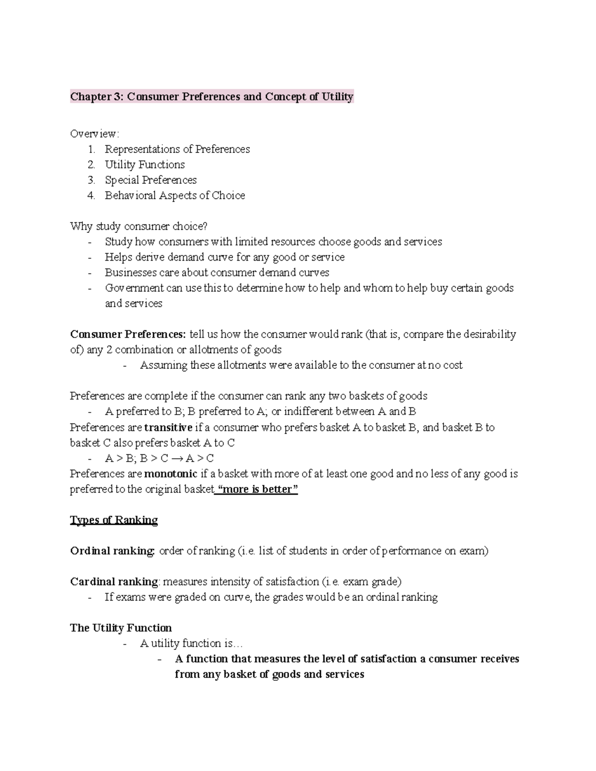 Econ 360 chapter 3 notes - Chapter 3: Consumer Preferences and Concept ...