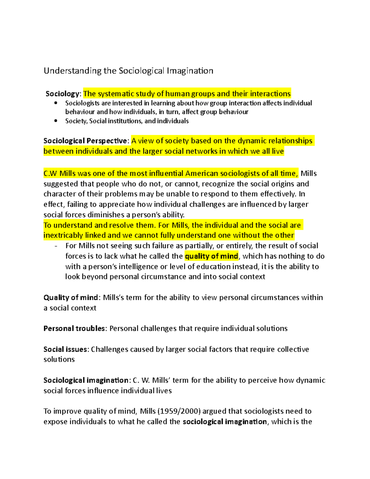 Modlue #1 - Understanding the Sociological Imagination - SSCISS108 ...