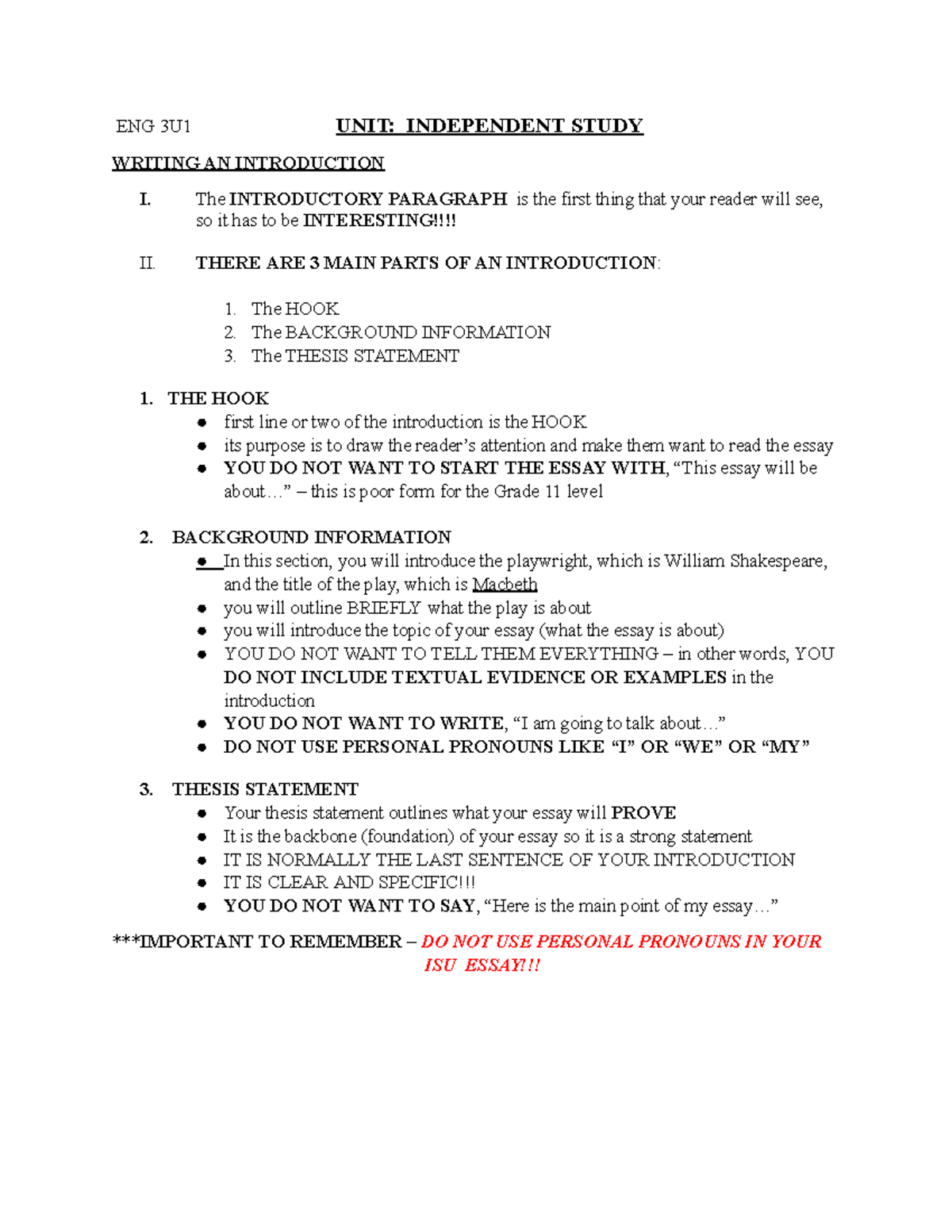Gr 11 isu intro notes - English Assignment - ENG 3U1 UNIT: INDEPENDENT ...