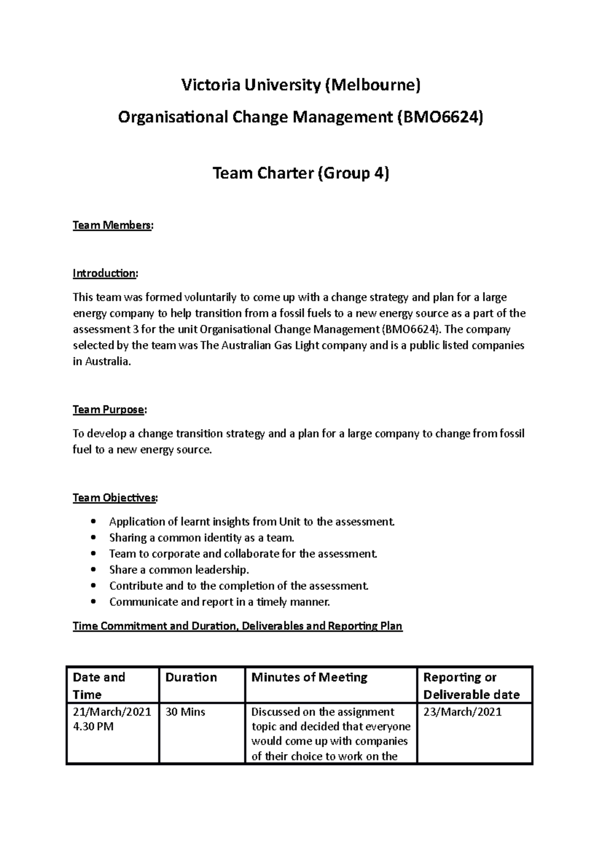 Team Charter - Victoria University (Melbourne) Organisational Change ...