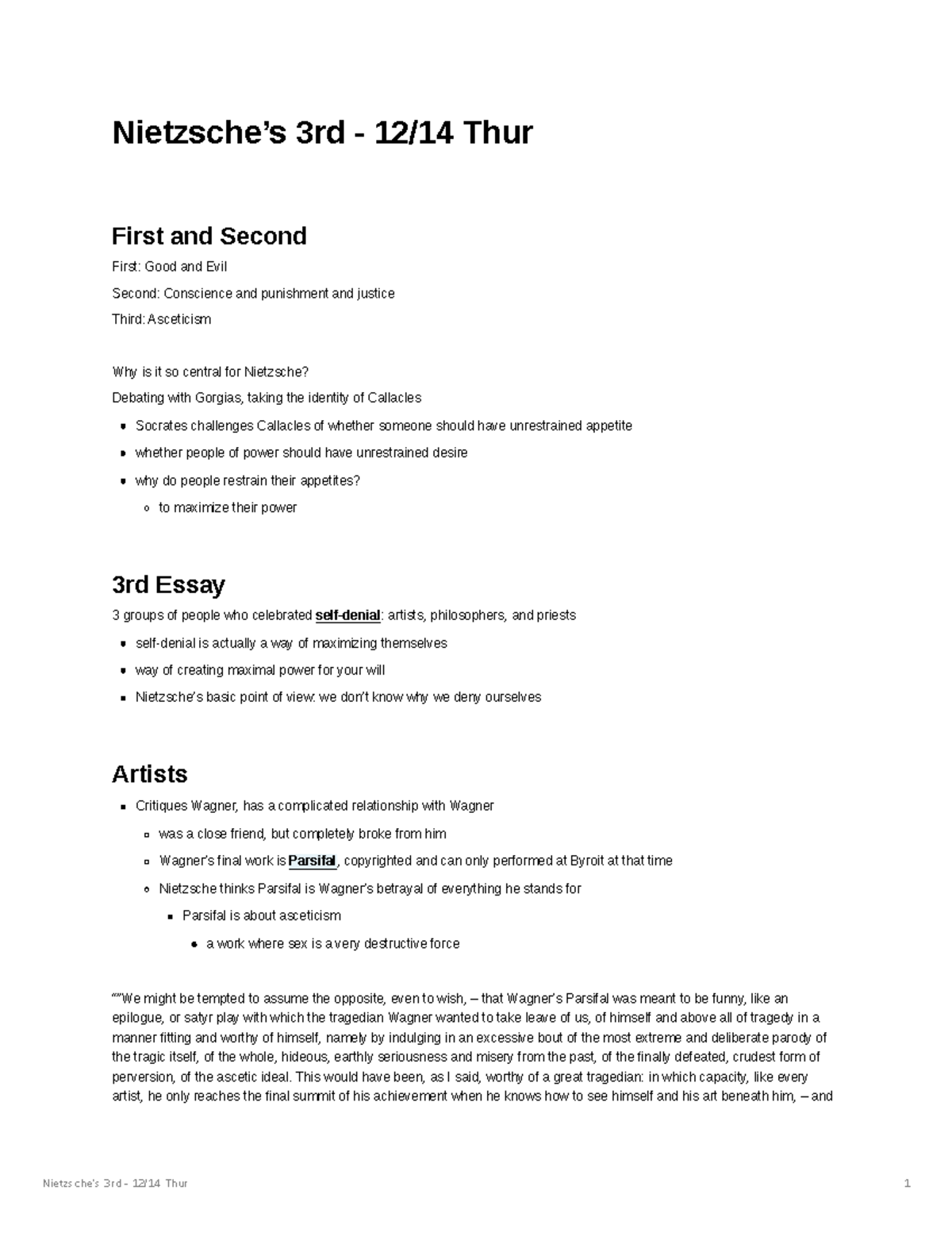 Nietzsche 3rd Essay - Nietzsche’s 3rd - 12/14 Thur First and Second ...