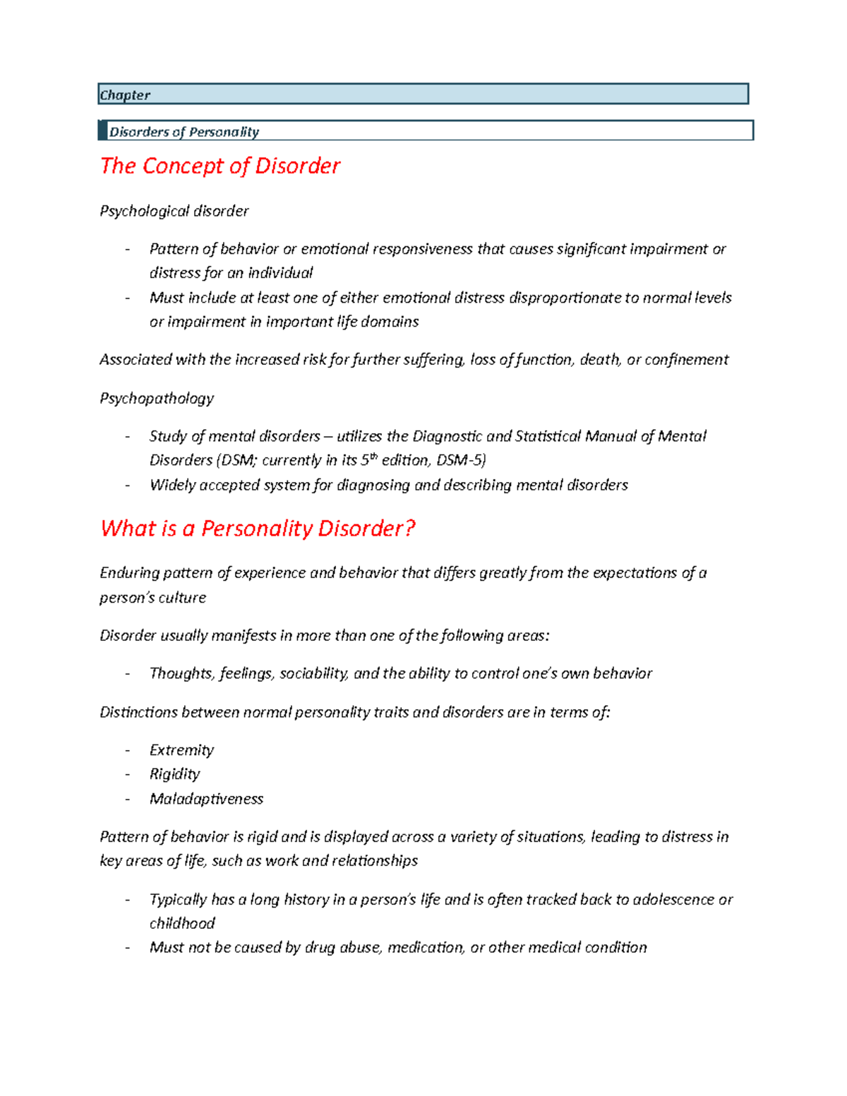 Chapter 19 - Chapter Disorders of Personality The Concept of Disorder ...