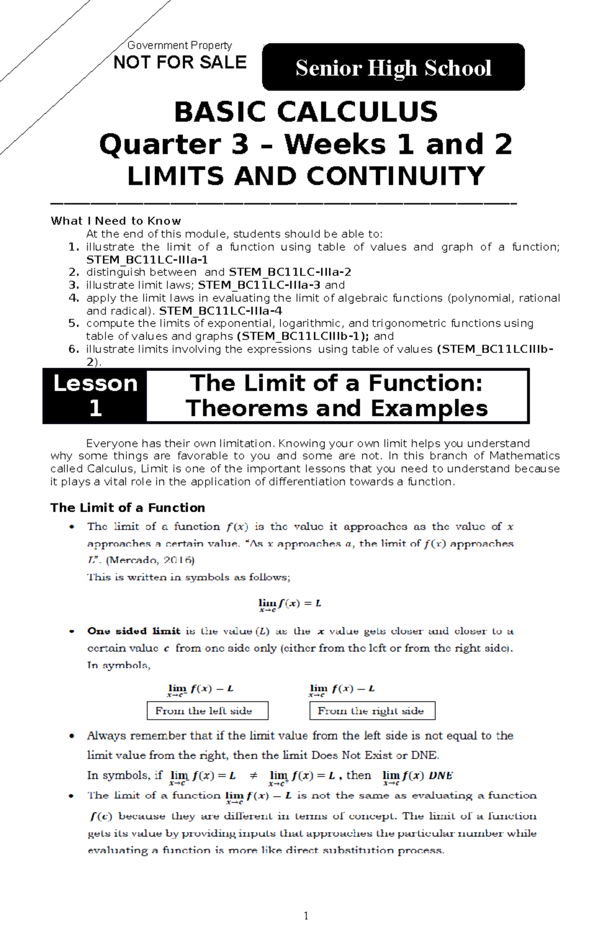 Basic-Cal-Week12 - module - BASIC CALCULUS Quarter 3 – Weeks 1 and 2 LIMITS AND CONTINUITY - Studocu