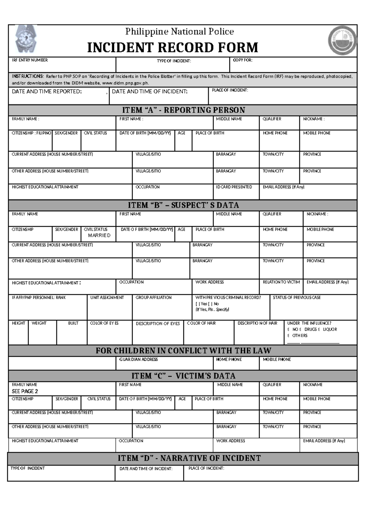 IRF Blank - IRF FORM - Philippine National Police INCIDENT RECORD FORM ...
